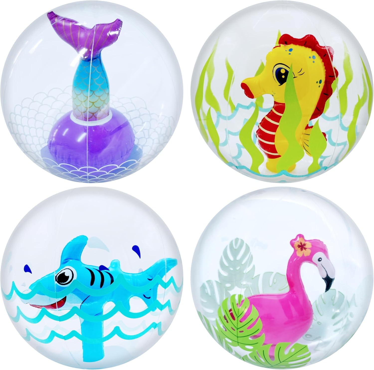 3D Beach Balls - 4 Pack 13" Inflatable Pool Toys, Flamingo, Mermaid, Shark, Sea Horse Unique ...