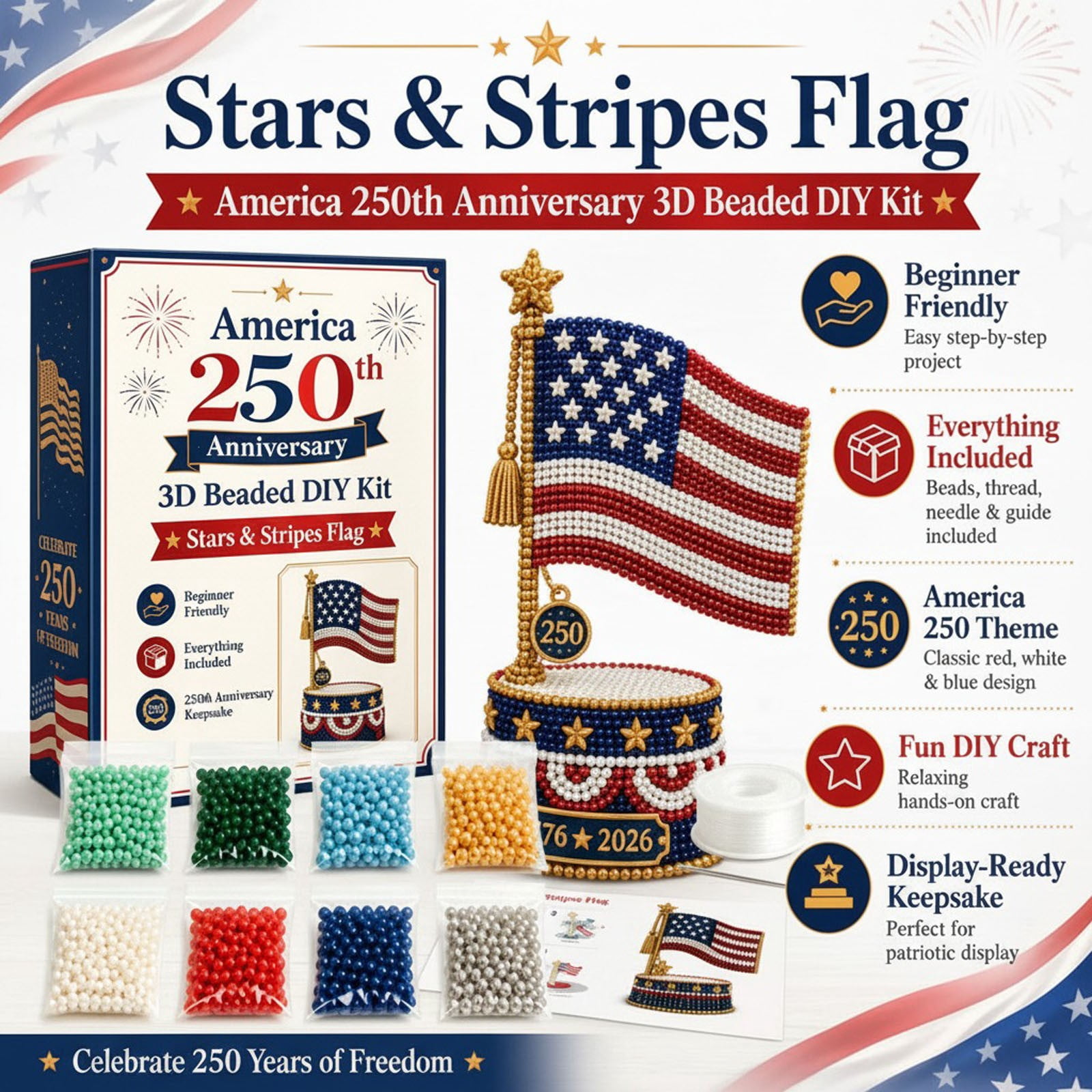 3D Bead DIY Set for Independence Day,Star-Spangled Banner Patriotic,All ...