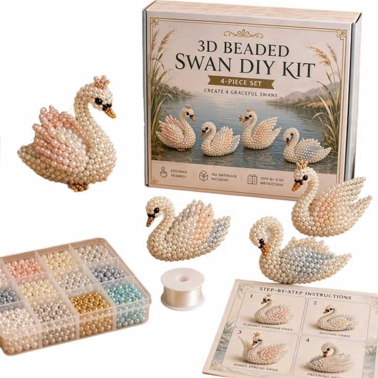 3D Beaded Animal DIY Kit, 3D Beaded Swan DIY Kit 4-Piece Collectible ...