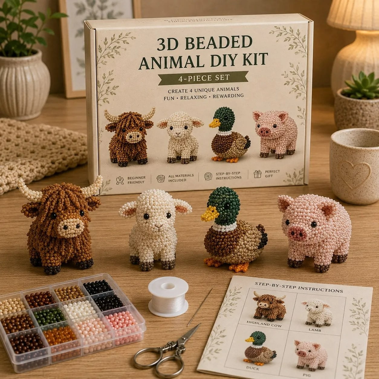 3D Beaded Animals DIY Kit, 1-Piece Complete Set with ABS Beads and ...
