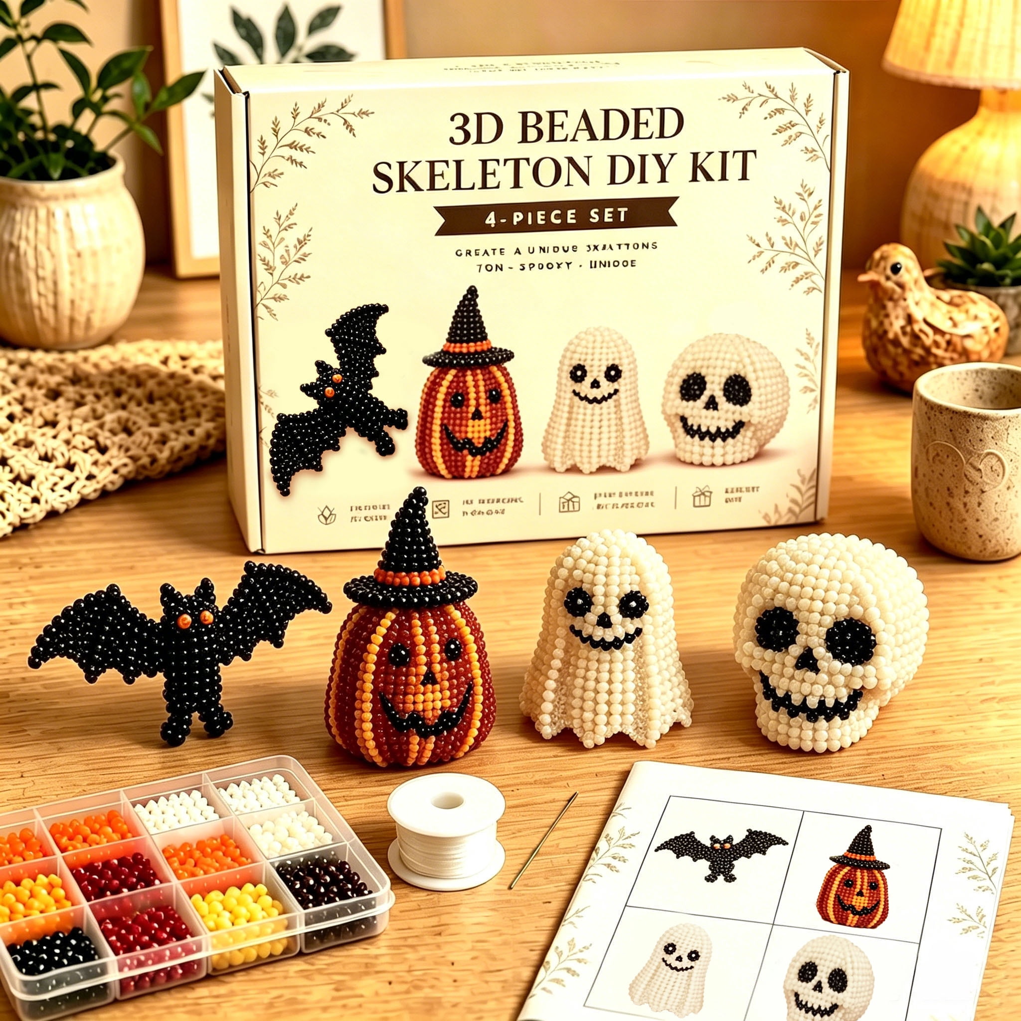 3D Beaded Ghost & Pumpkin DIY Craft Kit Set of 4, Halloween Spooky ...