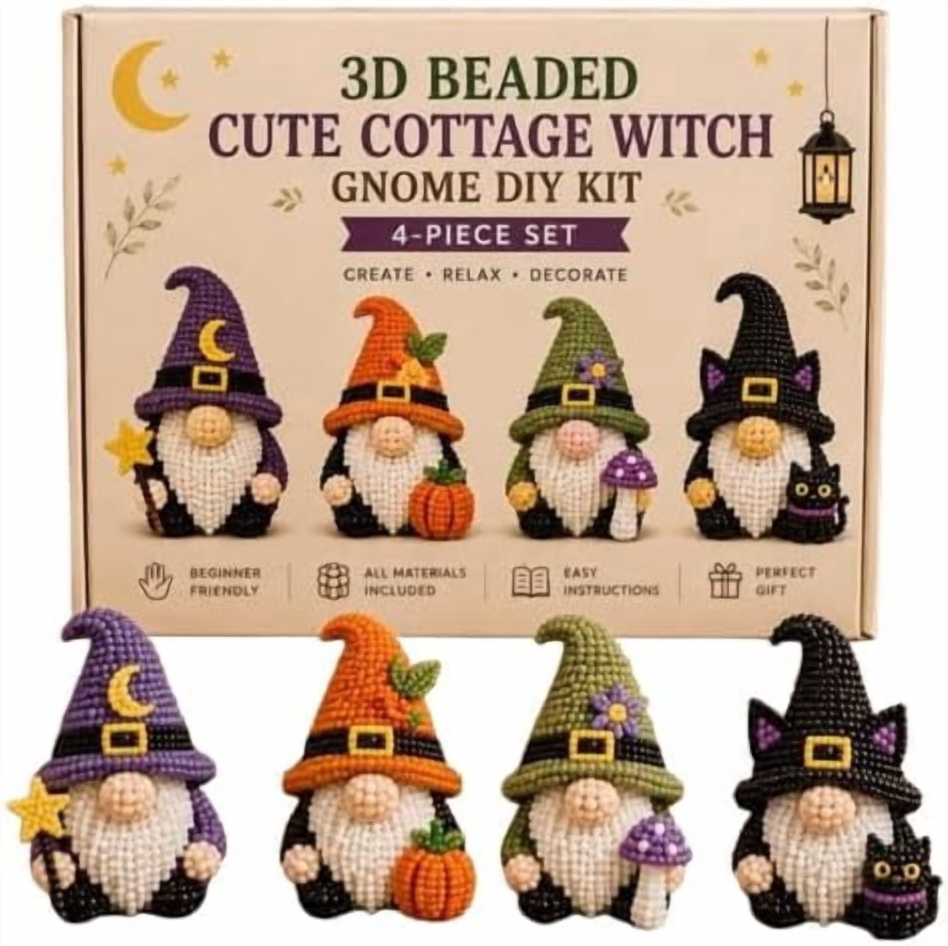 3D Beaded Gnome DIY Kit, 4 Gnome Designs 3D Beaded DIY Kit for Beginner ...