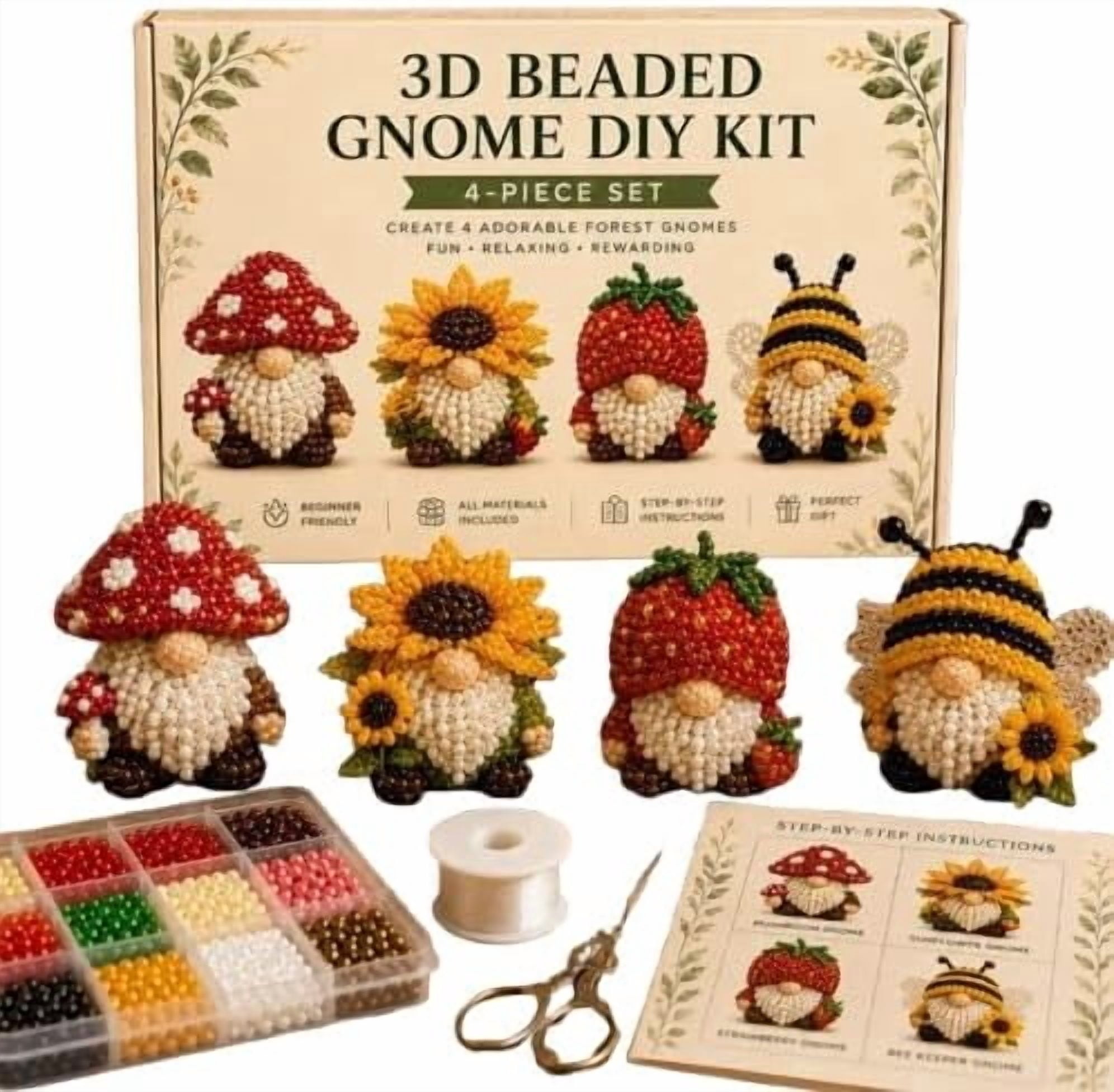 3D Beaded Gnome DIY Kit, 4-Piece Beadwork Craft Set for Holiday Desktop ...