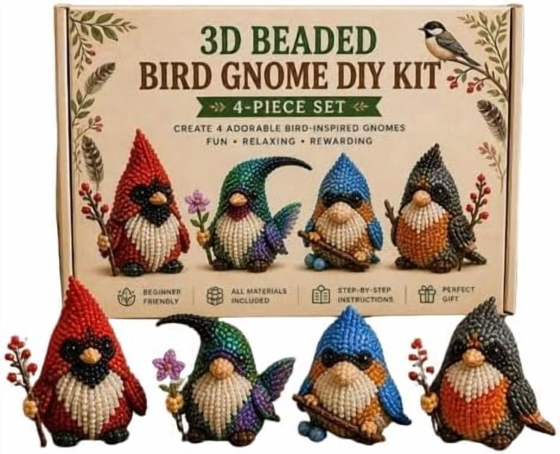 3D Beaded Gnome DIY Kit, 4-Piece Beadwork Craft Set for Holiday Desktop ...