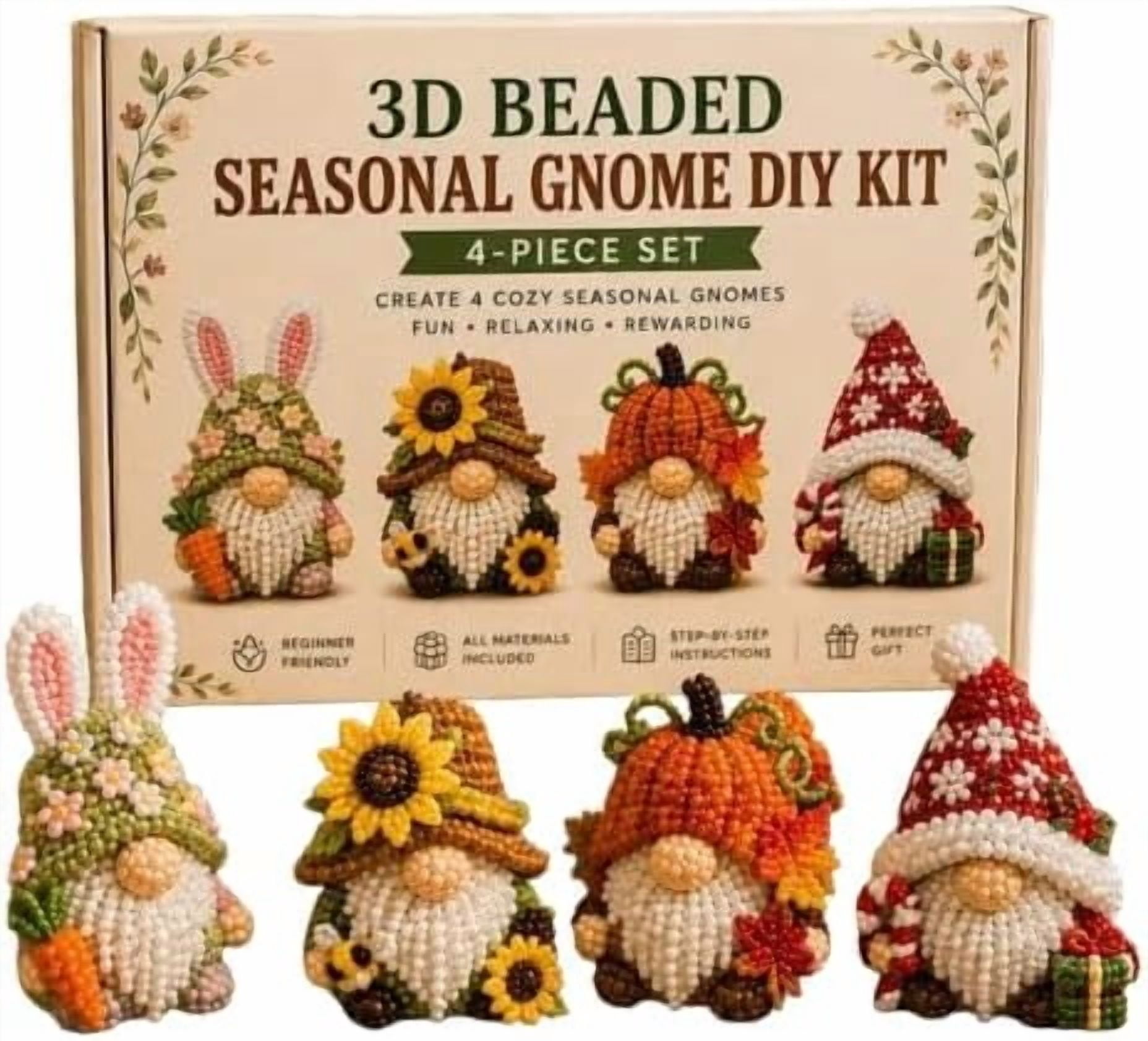 3D Beaded Gnome DIY Kit, 4-Piece Beadwork Craft Set for Holiday Desktop ...