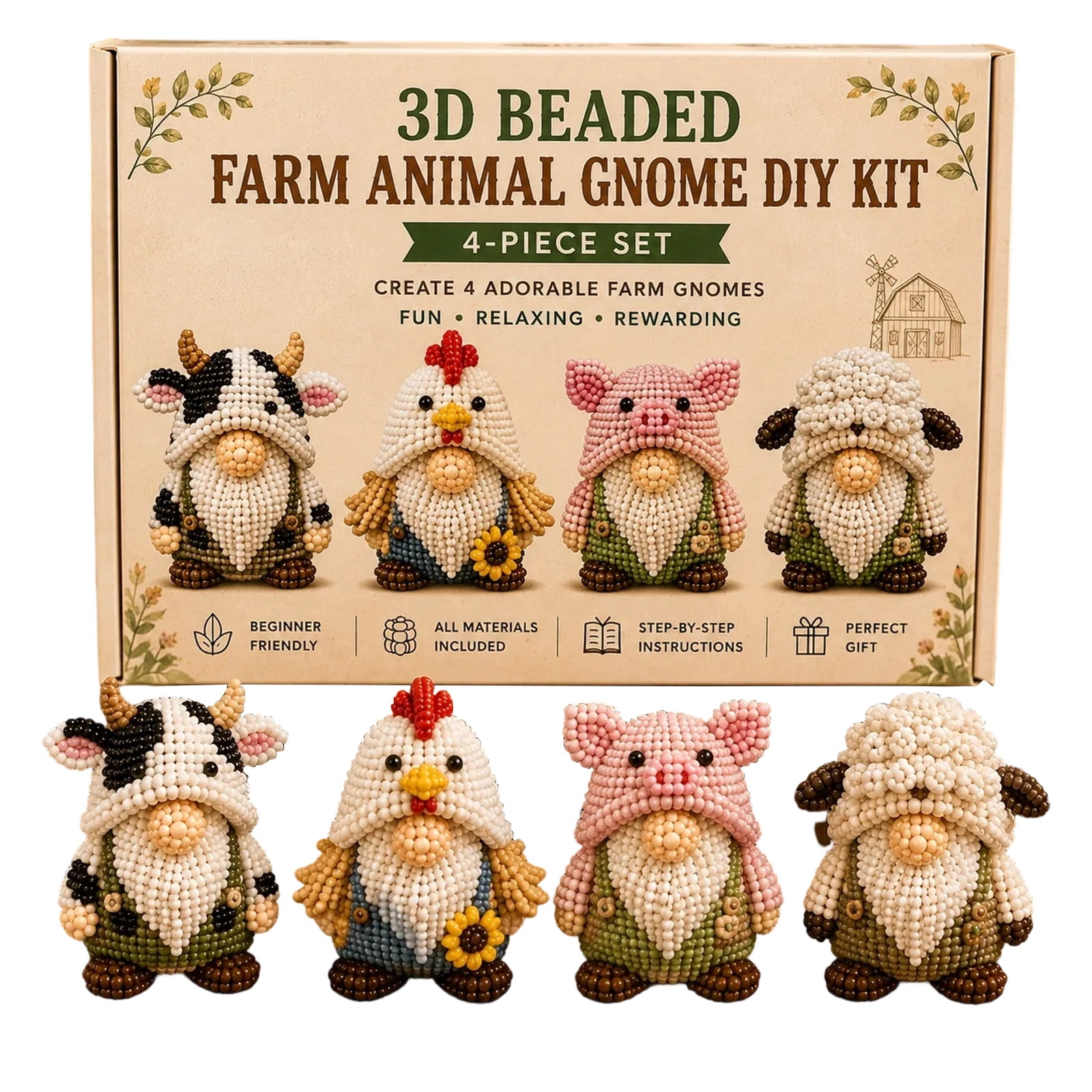3D Beaded Gnome DIY Kit for Adults Teens – 4Pcs Farm Animal Gnome ...
