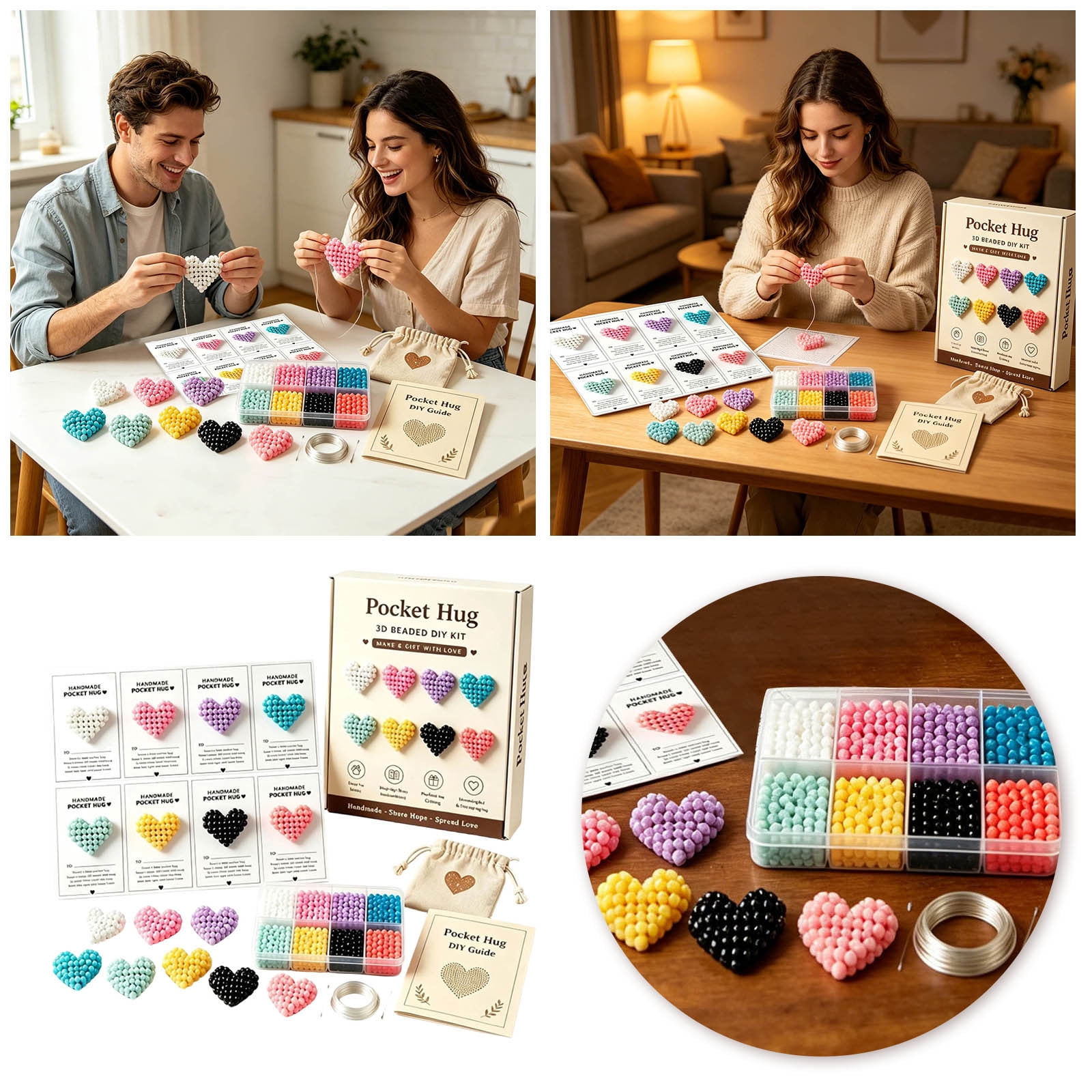 3D Beaded Heart Pocket Hug DIY Kit - Complete Craft Set with 8 Colorful ...