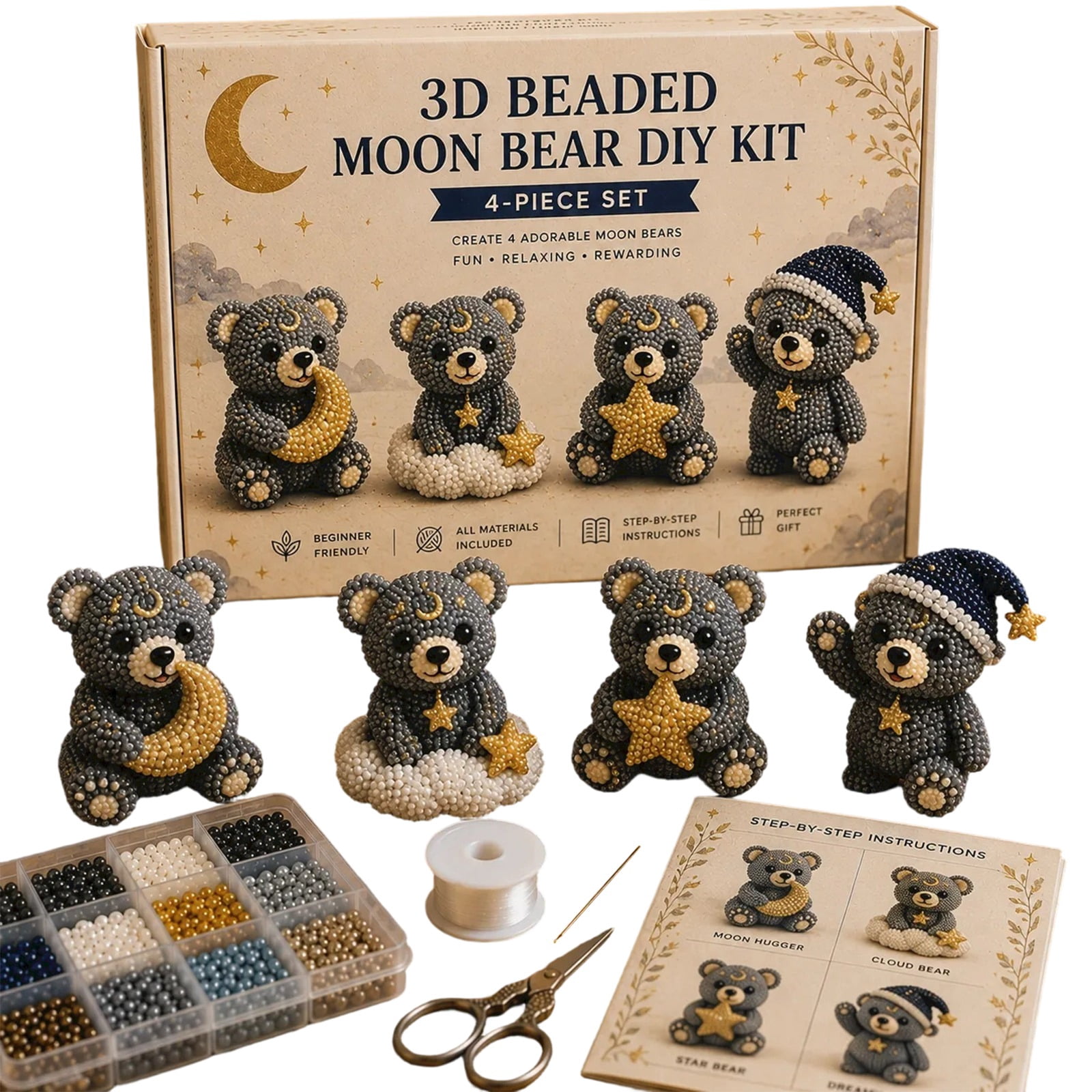 3D Beaded Moon Bear DIY Kit, Premium Beaded Craft Supplies Set, Create ...