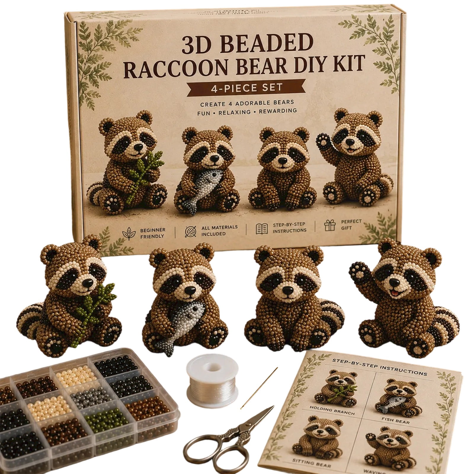 3D Beaded Raccoon Bear DIY Kit, Beginner Friendly Beading Craft Kit ...