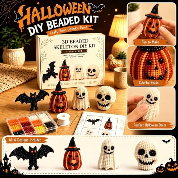 3D Beaded Skeleton DIY Kit, Halloween Handmade Figurine Kit, Compact ...