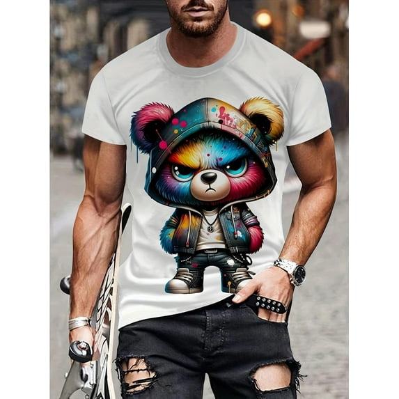 [3D Bear Print Short Sleeve Tee] Men's 3D Cartoon Bear Print Short ...