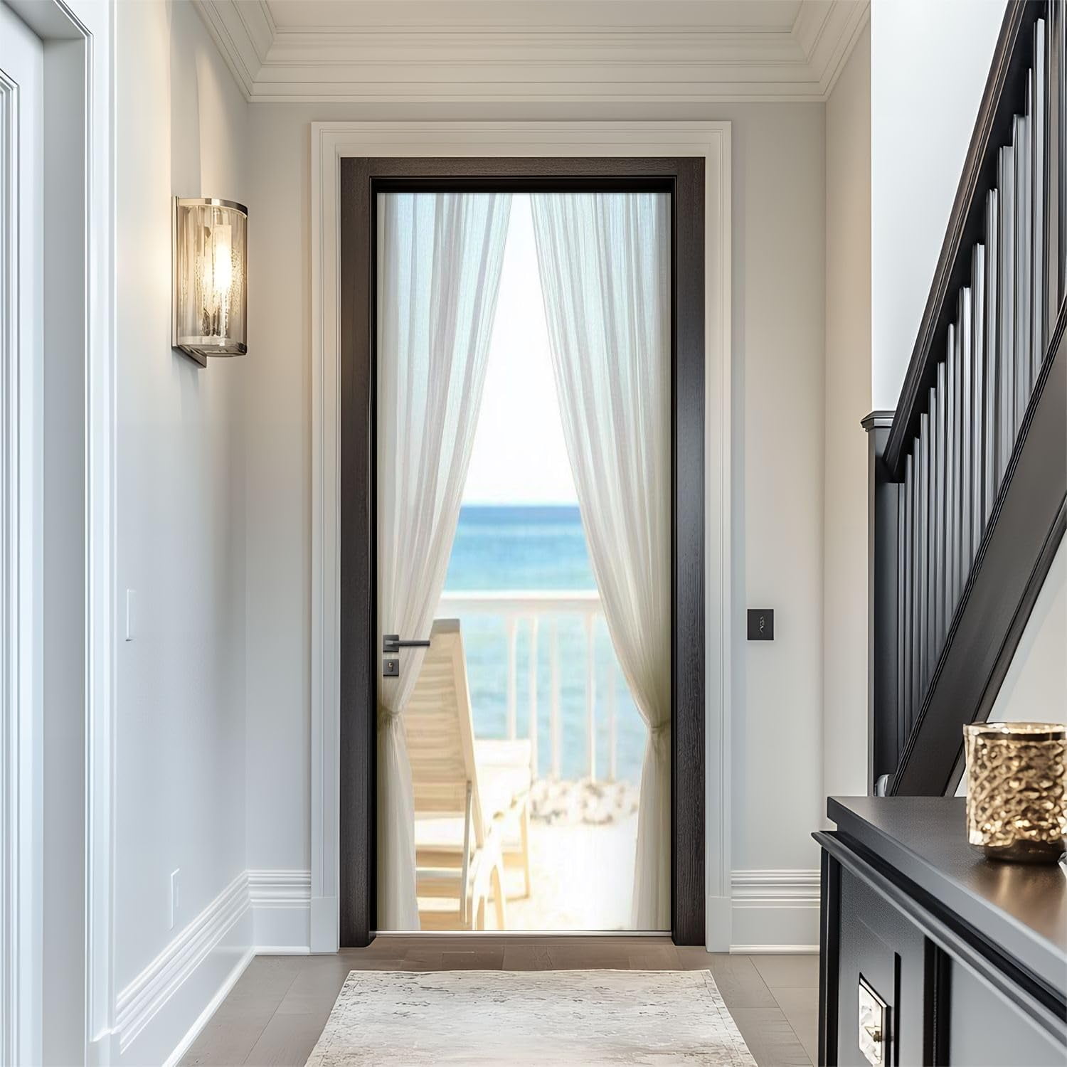 3D Beautiful Beach Sea View Behind White Curtains Door Sticker Decals ...