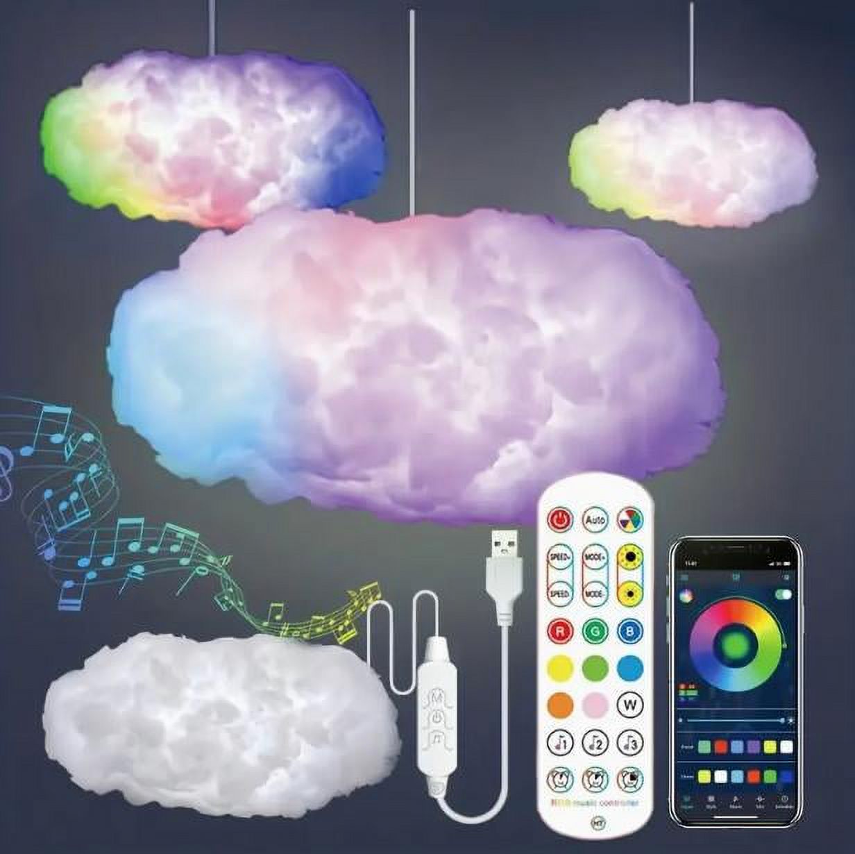 3D Big Cloud Light Kit, Music Sync RGB Multicolor Changing Strip Lights ...