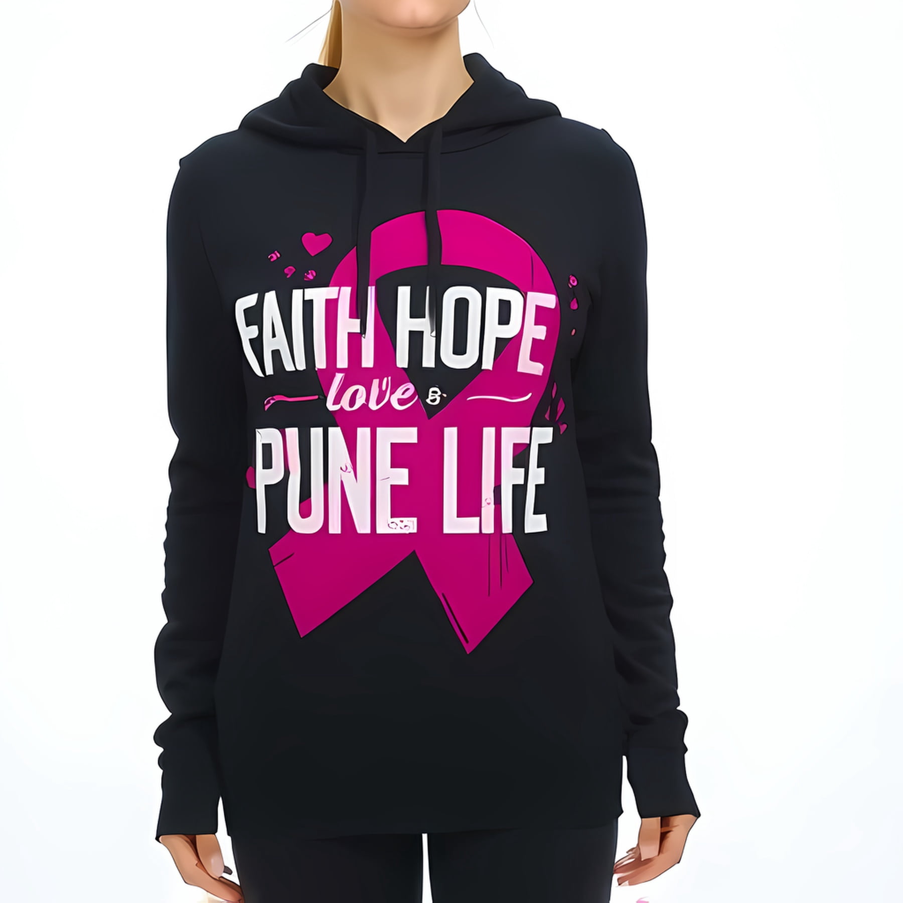 3D Black Hoodie with Hot Pink Ribbon Graphic - "Faith Hope Love Pune ...