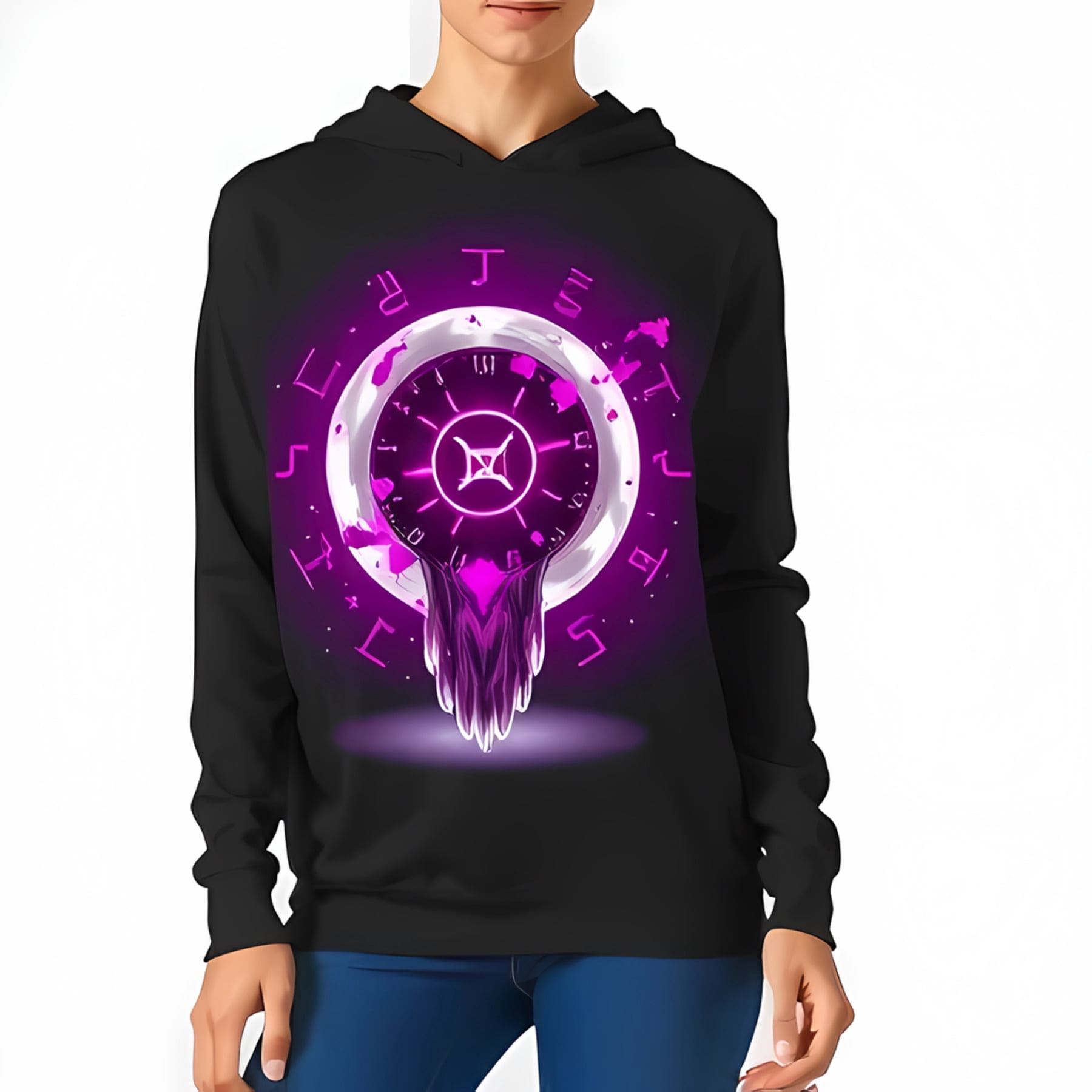 3D Black Hoodie with Mystical Clock Face & Glowing Runes - Fantasy ...