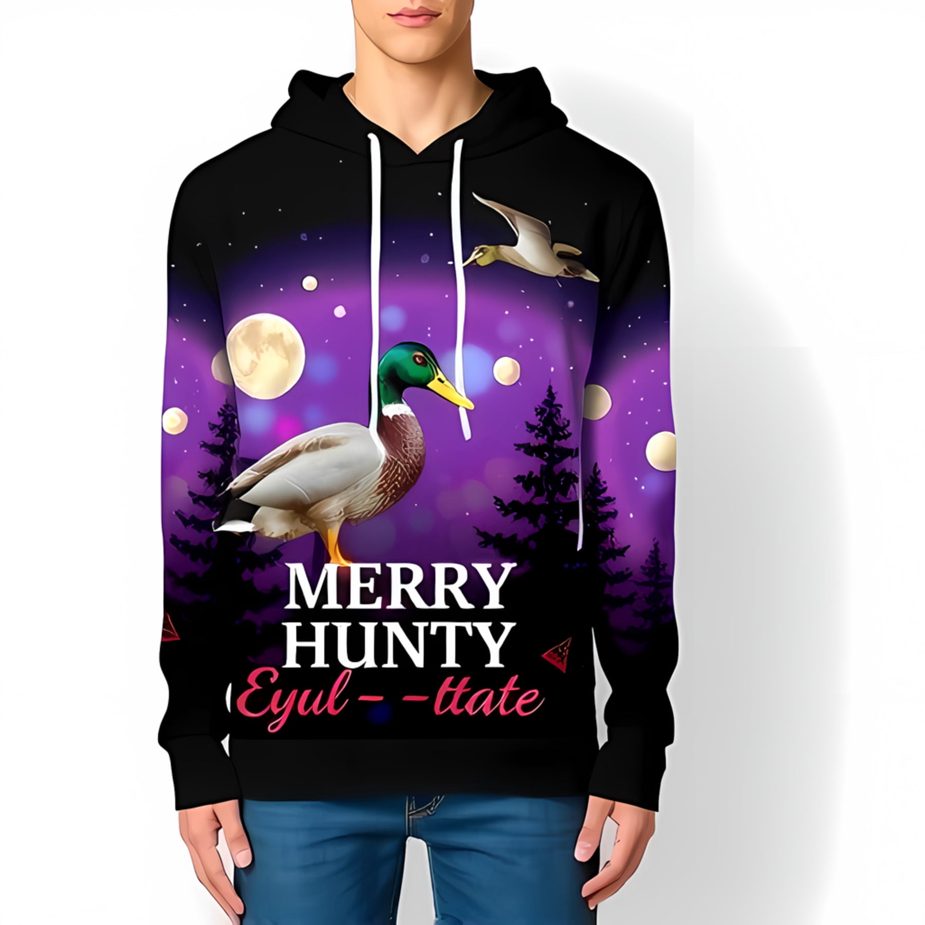3D Black Hoodie with Purple Night Sky Graphic Full Moons - "Merry Hunty ...