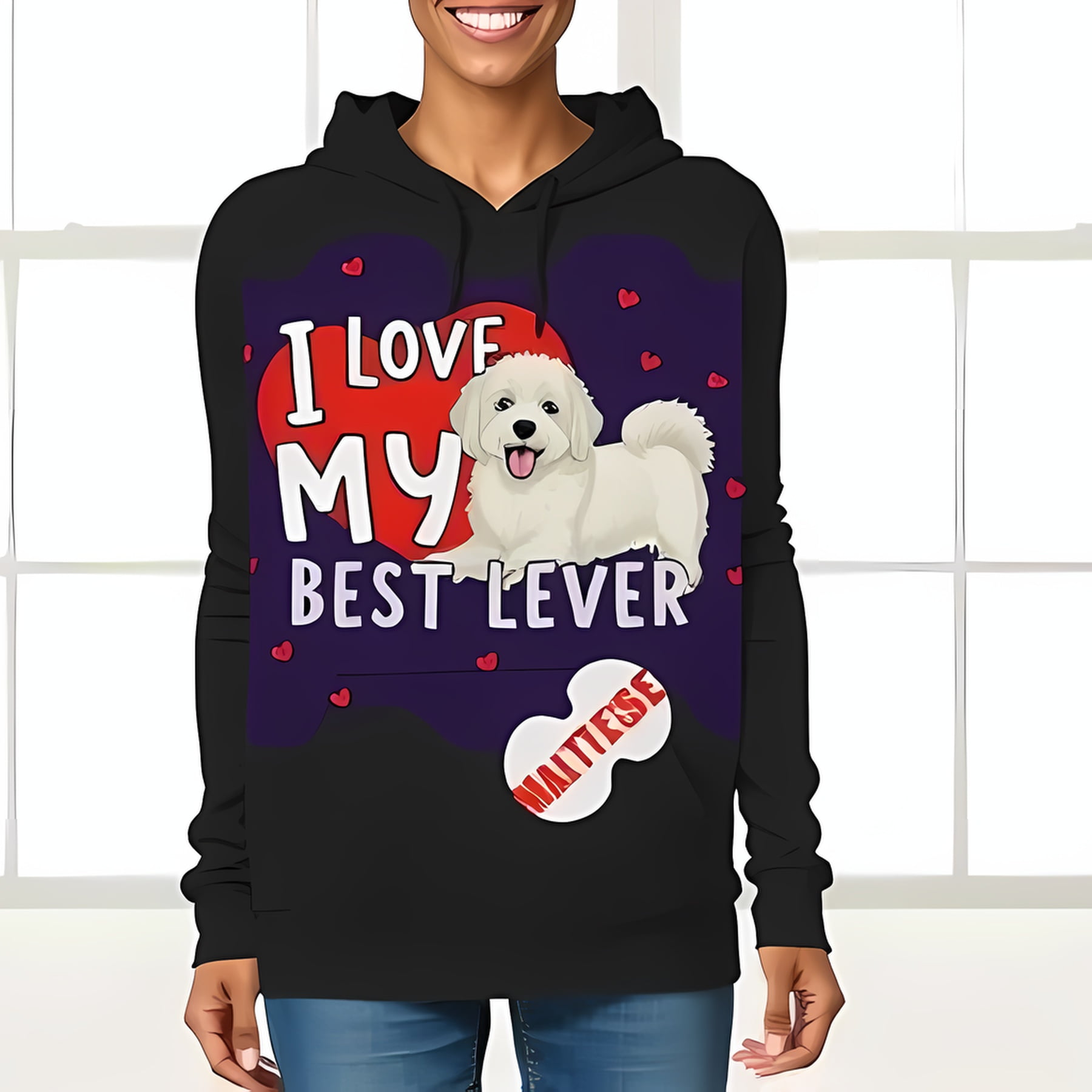 3D Black Hoodie with Red Heart Design - "I LOVE MY BEST LEVER ...