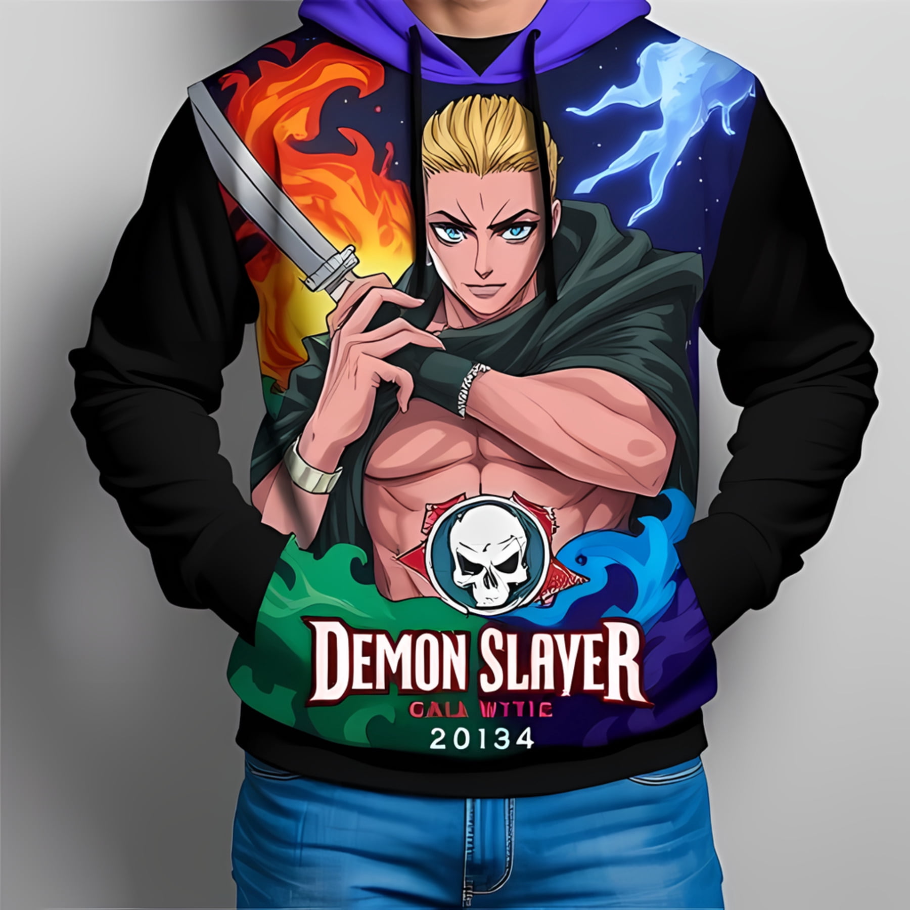 3D Black Hoodie with Vibrant Anime Character & Flame Background Design ...