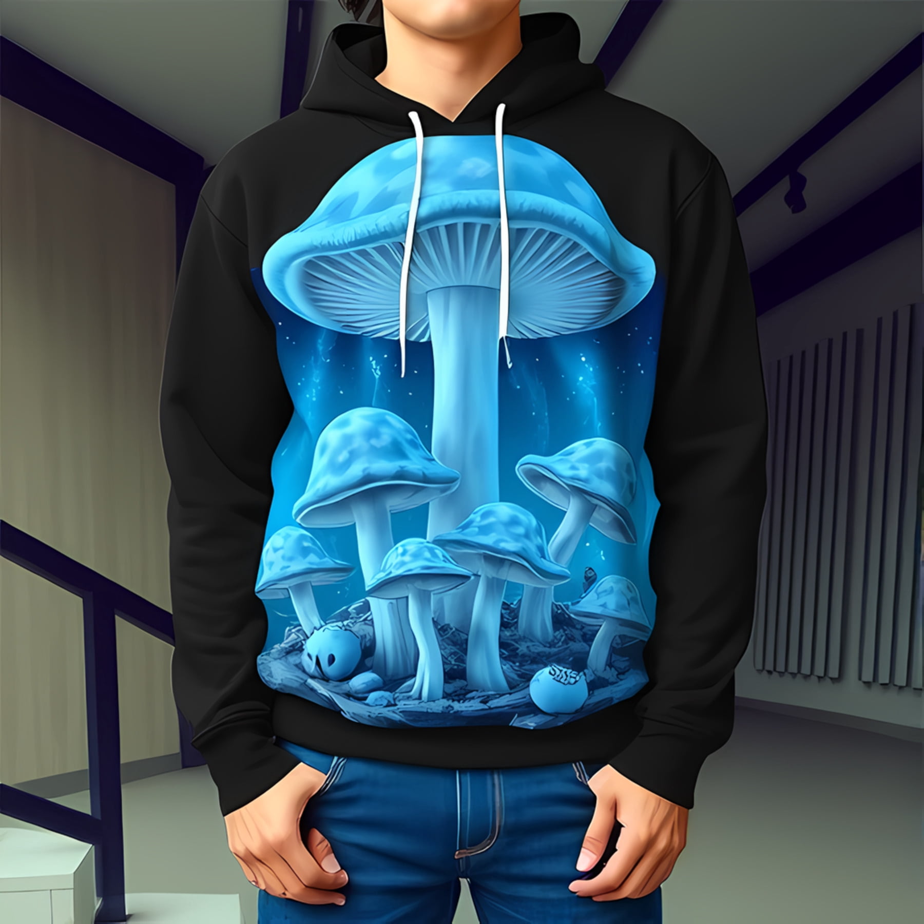 3D Black Hoodie with Vibrant Blue Mushroom Design - Whimsical Forest ...