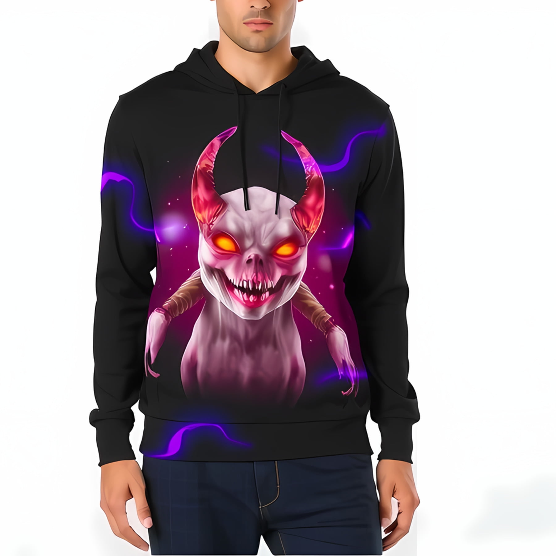 3D Black Hoodie with Vibrant Demonic Creature Design - Glowing Eyes ...