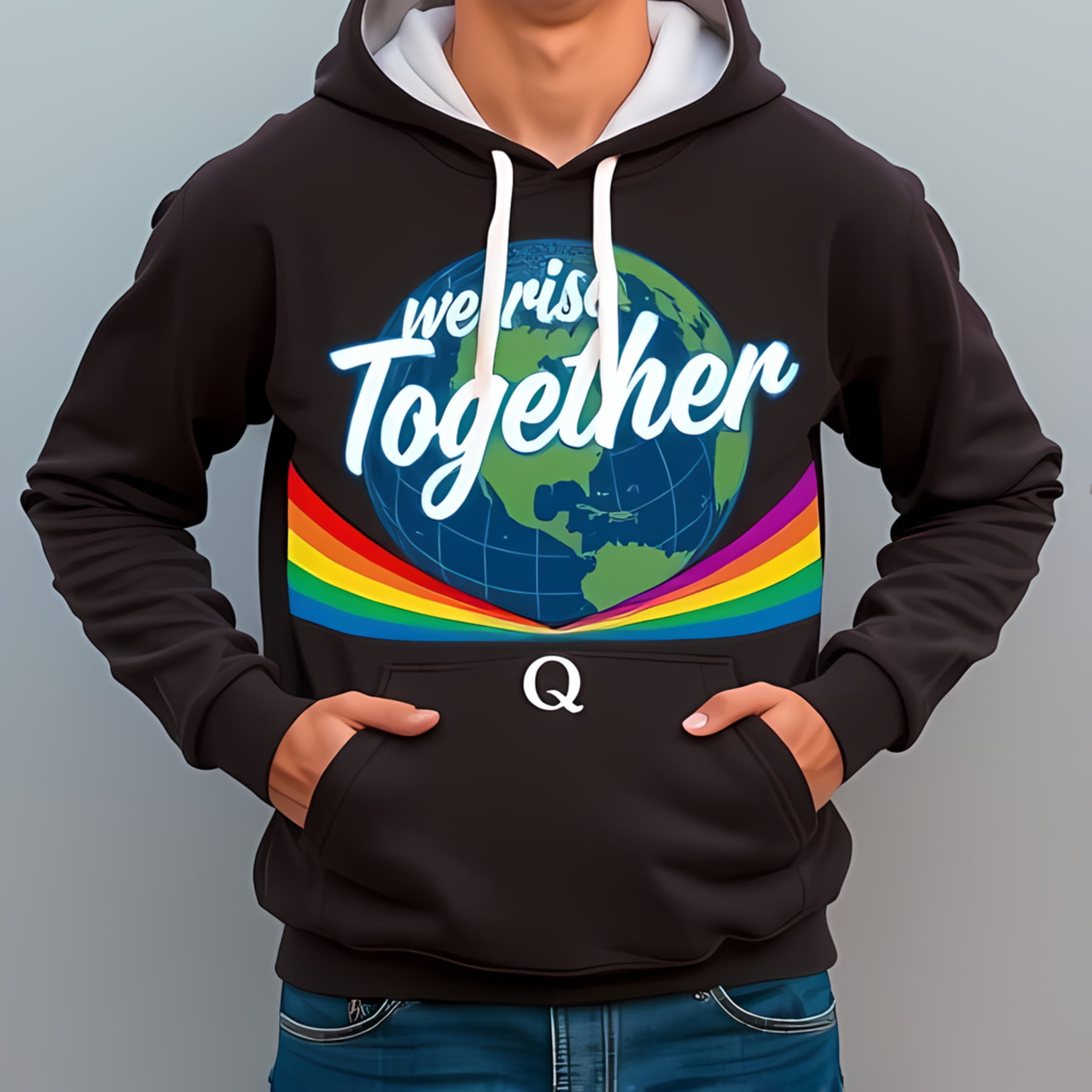 3D Black Hoodie with Vibrant Globe and Rainbow Design - " We Rise ...