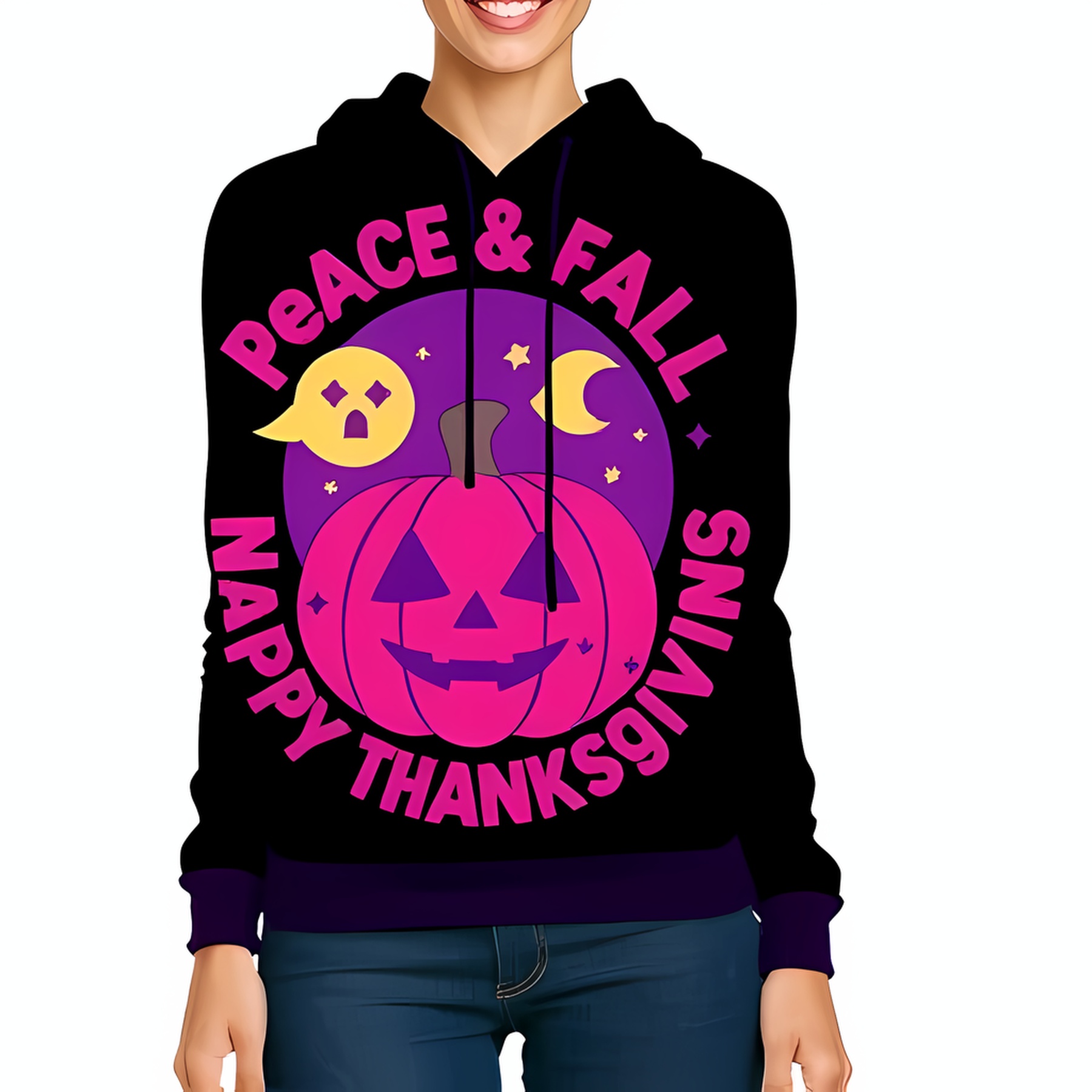 3D Black Hoodie with Vibrant Halloween & Thanksgiving Design - Pink -O ...