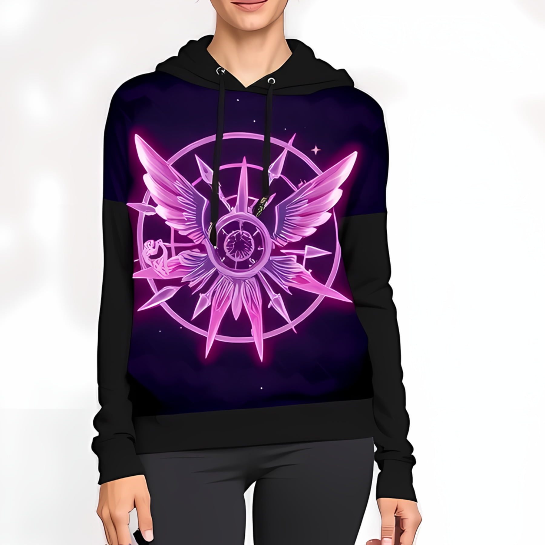 3D Black Hoodie with Vibrant Pink & Purple Eye Design - Mystical Wings ...