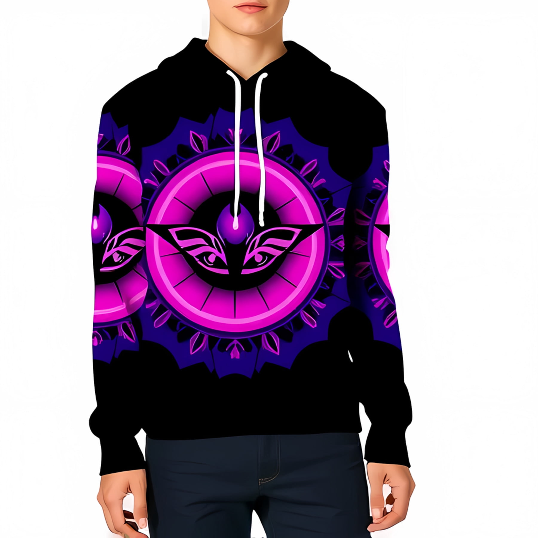 3D Black Hoodie with Vibrant Pink & Purple Eye Design Relaxed Fit ...