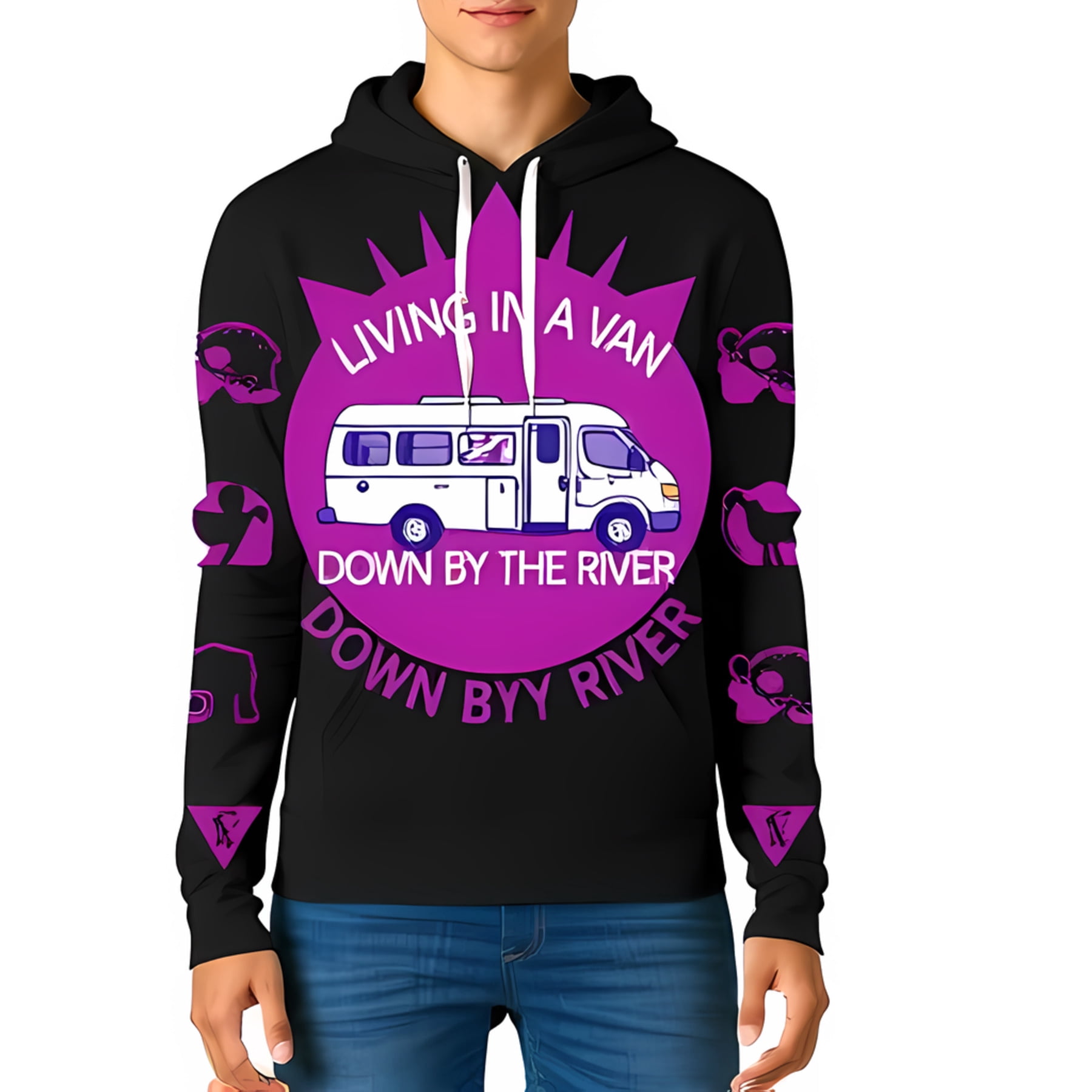 3D Black Hoodie with Vibrant Purple Van Design - 'Living in a Van Down ...