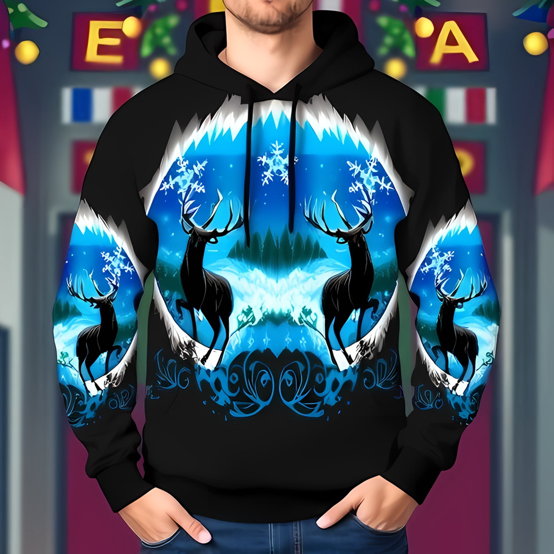 3D Black Hoodie with Vibrant Winter Scene - Deer Silhouettes Snowy ...