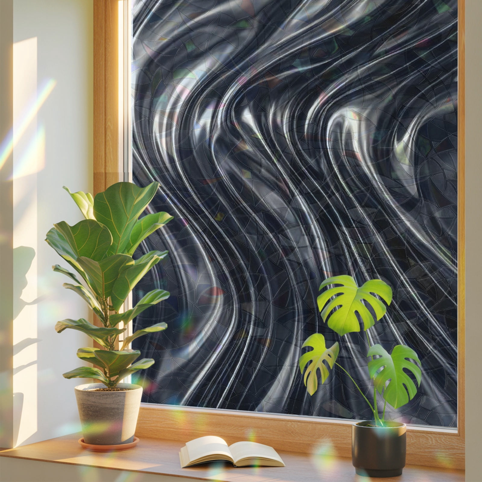 3D Black Waves Window Privacy Film Rainbow Static Cling Stain Glass ...