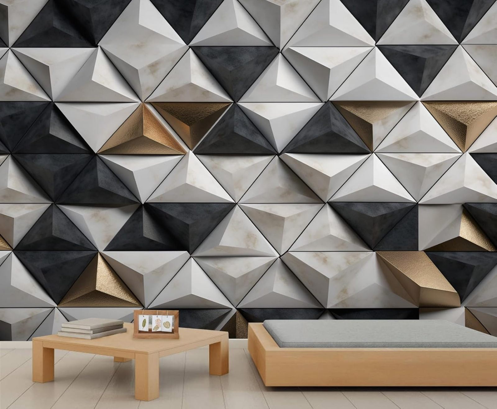 3D Black White Geometric Murals, Blue White Gold Marble Wall Mural For ...