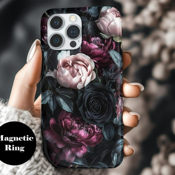 3D Black and Burgundy Rose Dark Floral Protective MagSafe Case for 17 ...