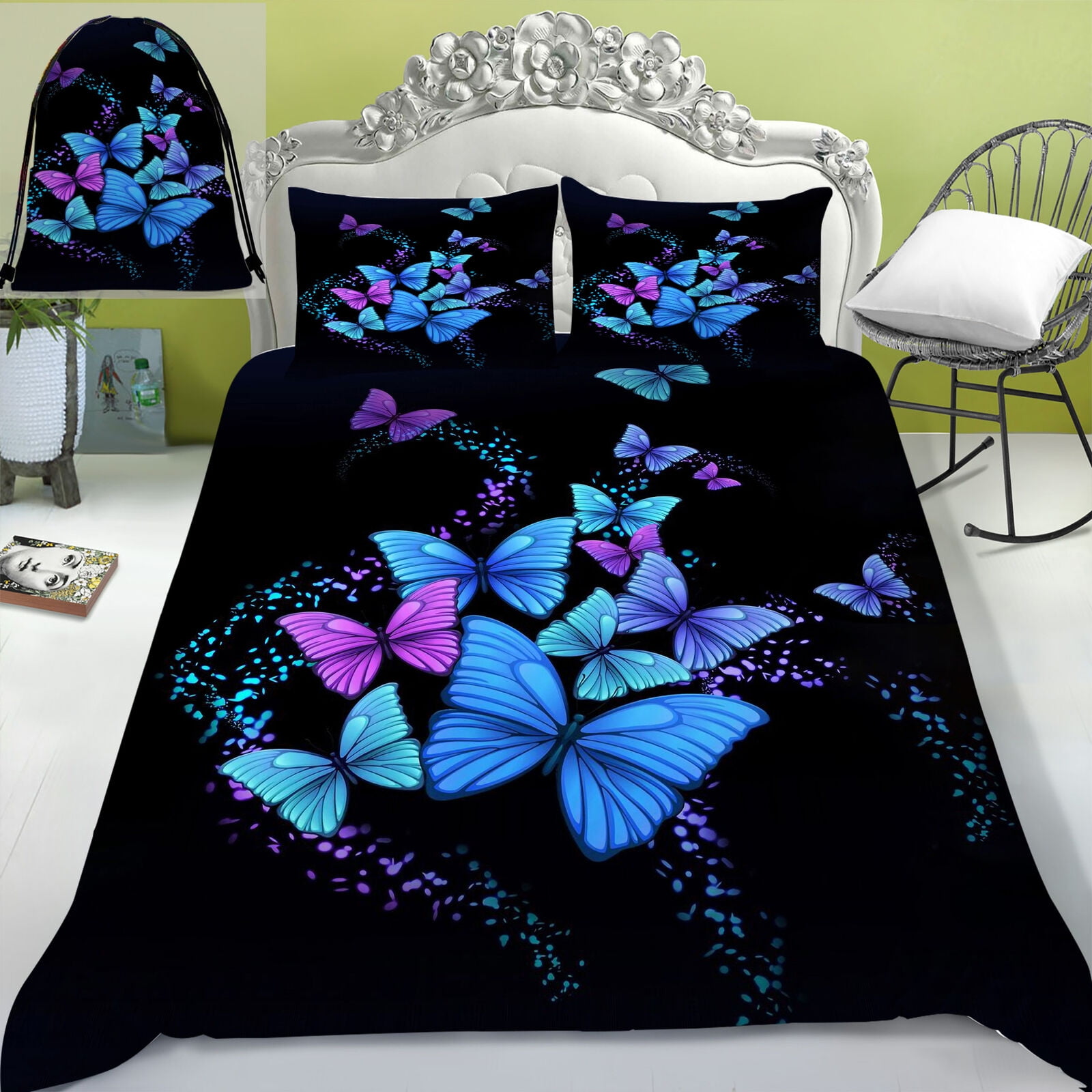 3D Blue Butterfly Print King Size Duvet Cover Set (90"x104") with Bag ...