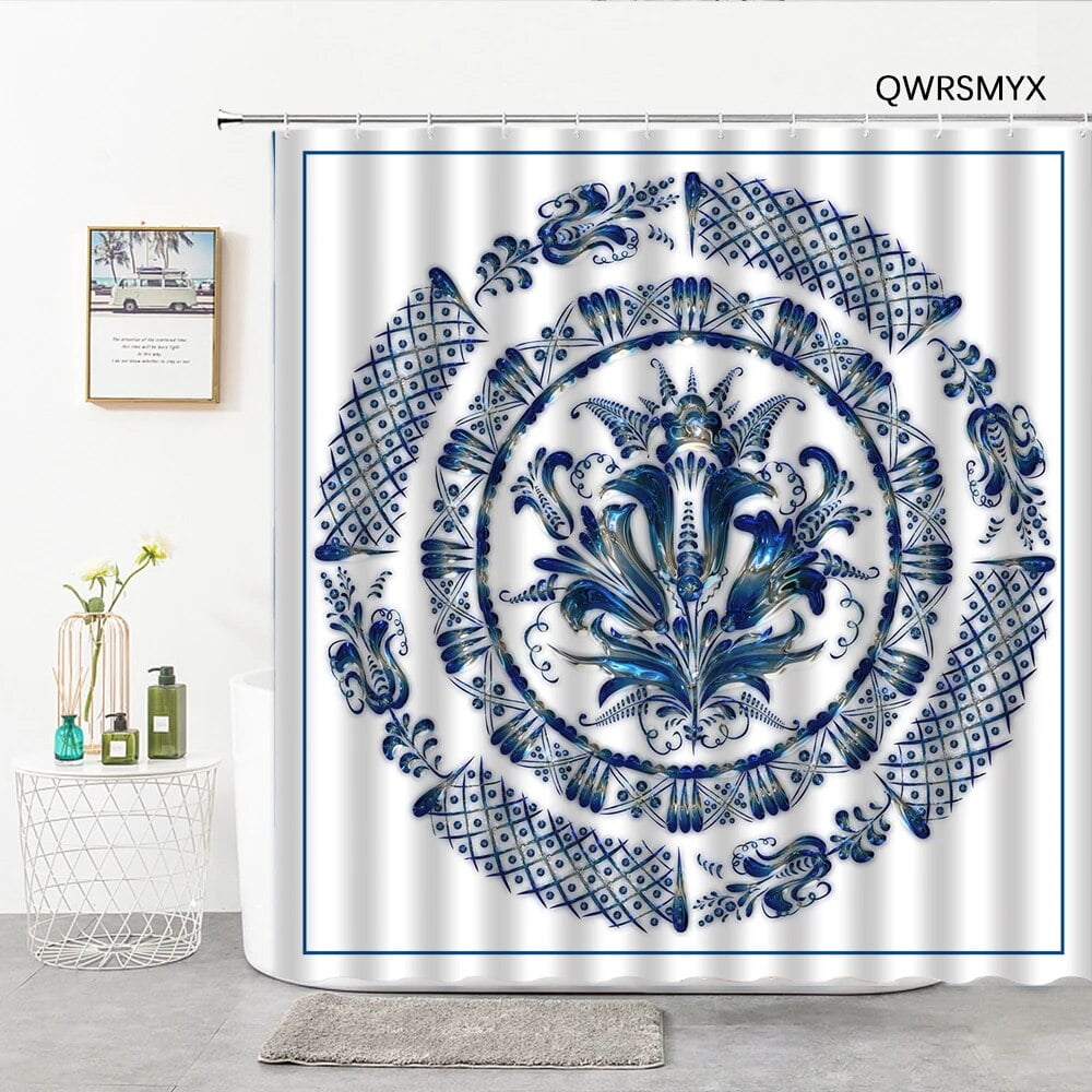 3D Blue Gilt Effect Circular Pattern Shower Curtains Fabric Bathtub ...