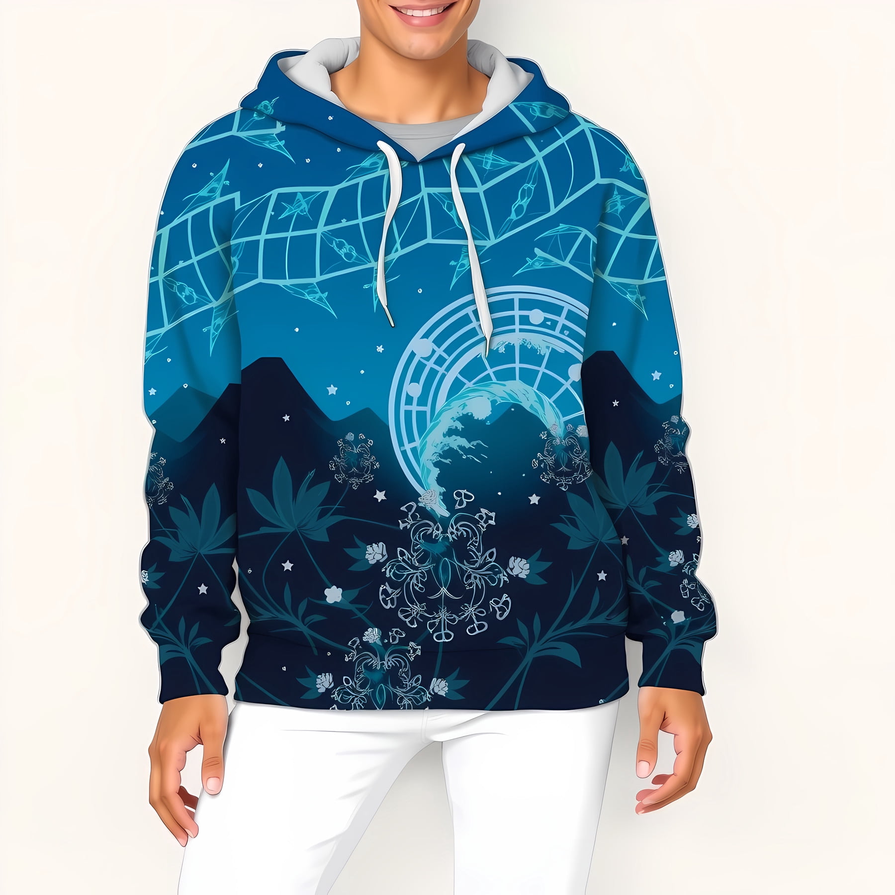 3D Blue Hoodie with Intricate and Floral Design White Drawstring Unique ...