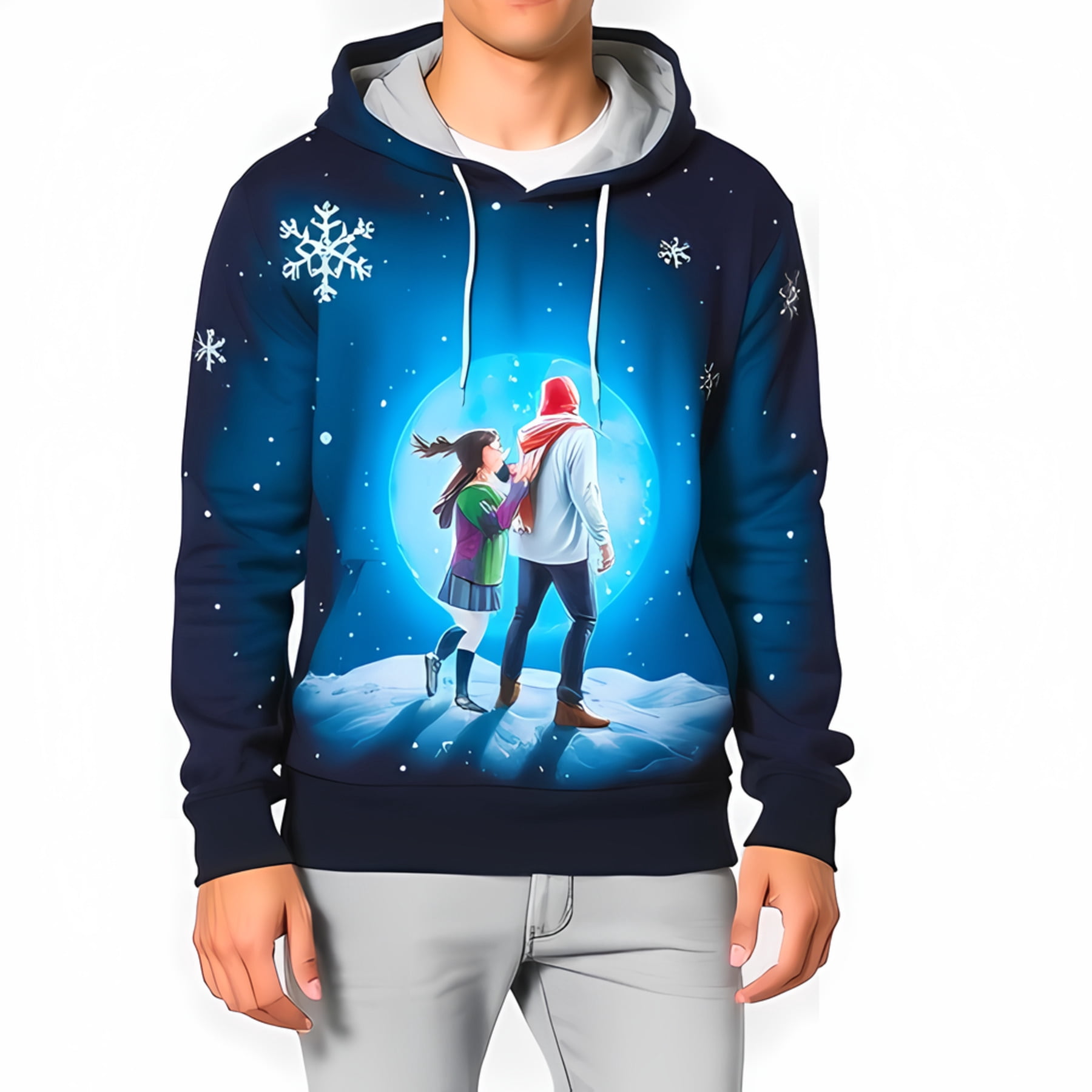 3D Blue Hoodie with Winter Scene - Romantic Couple Under Full Moon ...