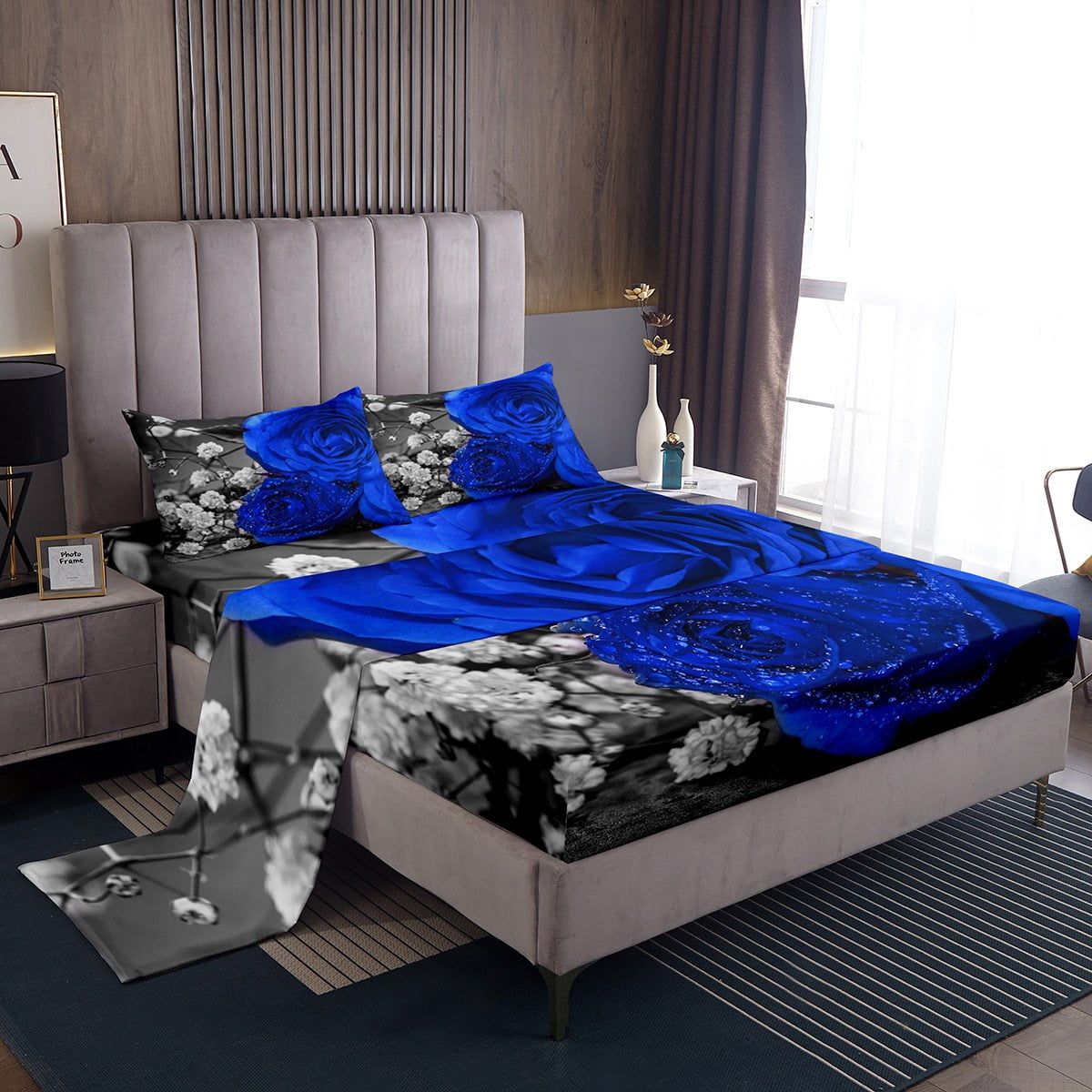 3D Blue Rose Bed Sheets Set Queen, Rose Floral Sheet Set for Couple ...