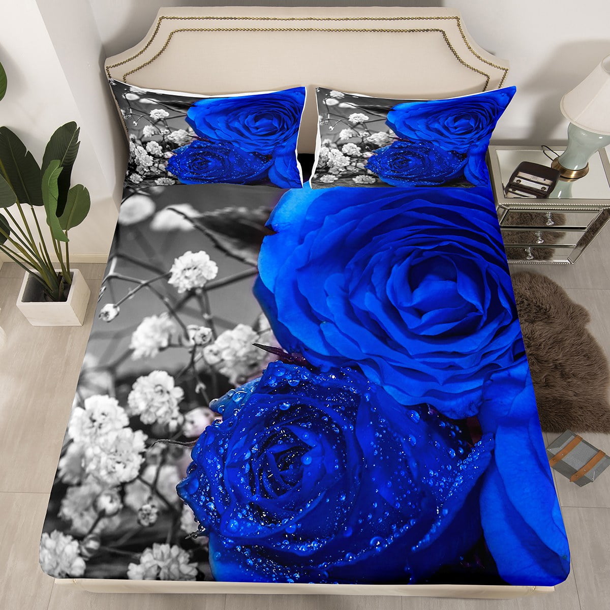 3D Blue Rose Bed Sheets Set Twin, Rose Floral Fitted Sheet for Couple ...