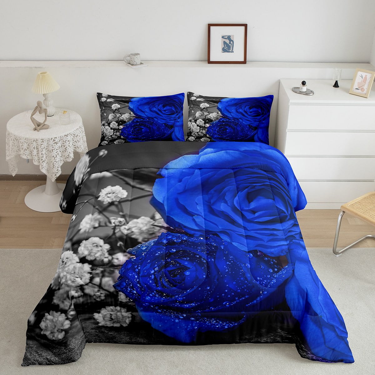 3D Blue Rose Bedding Comforter Sets King Size, Rose Floral Comforter ...
