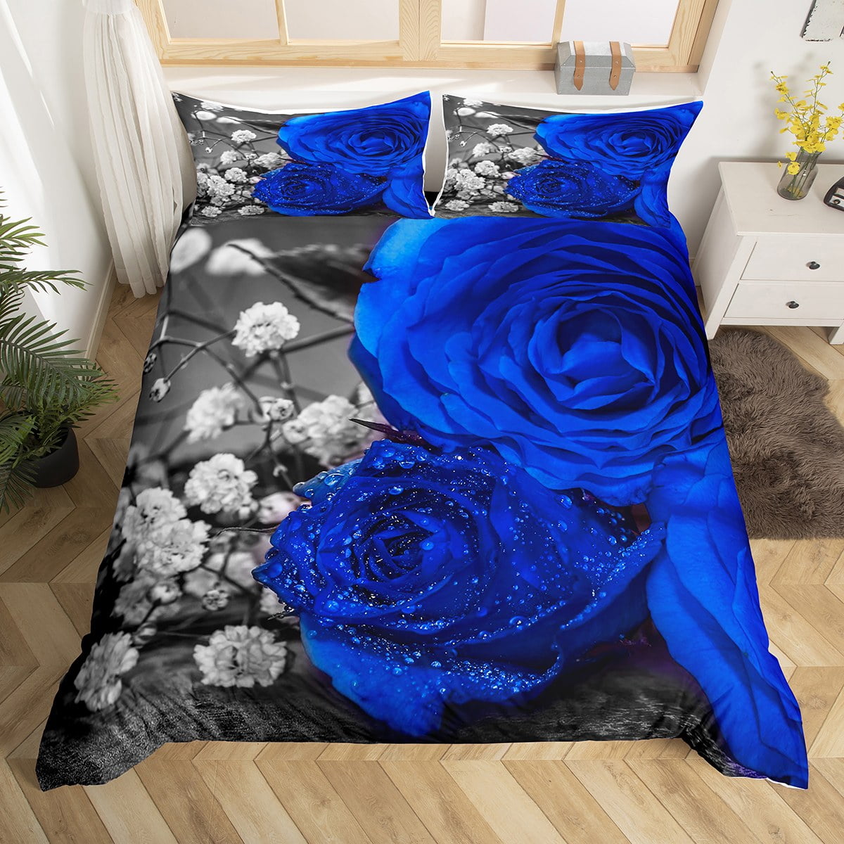 3D Blue Rose Comforter Cover Queen Size, Rose Floral Duvet Cover for ...
