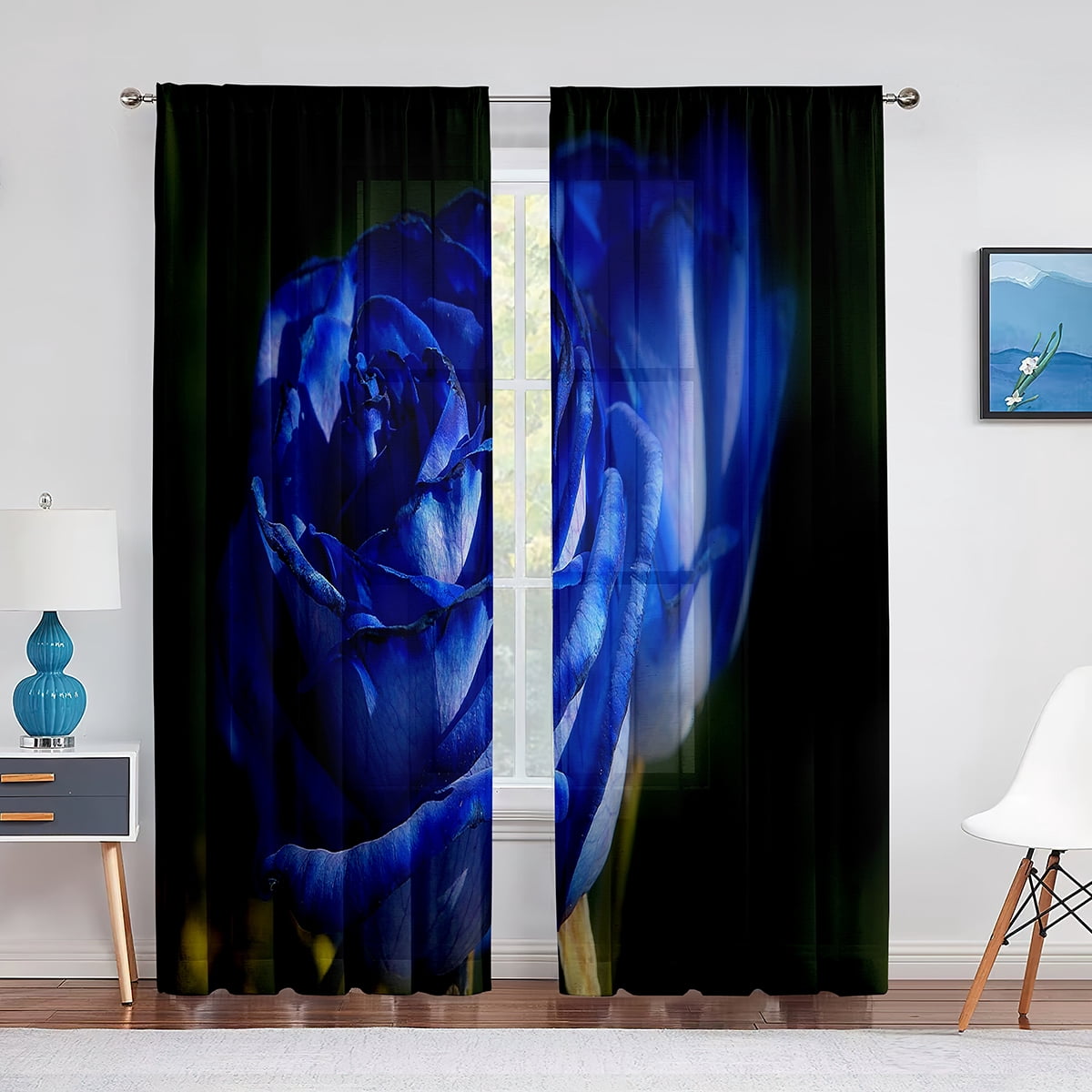 3D Blue Rose Tulle Curtains Floral Bouquet Romantic Flower Window Sheer Voile Curtain for Living ...