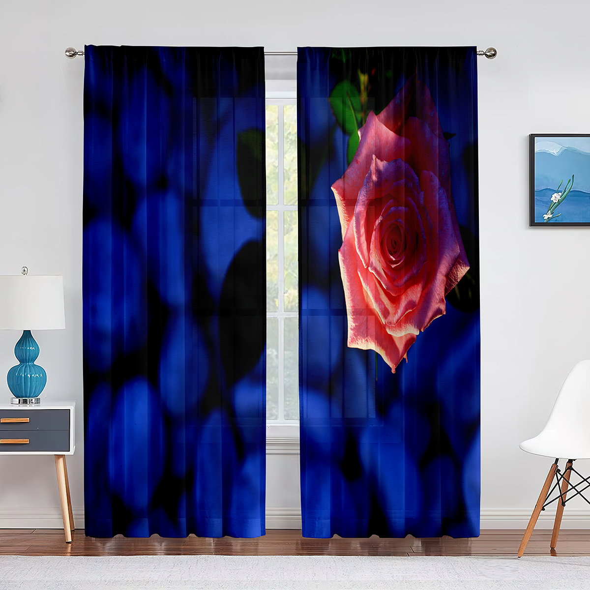 3D Blue Rose Tulle Curtains Floral Bouquet Romantic Flower Window Sheer ...