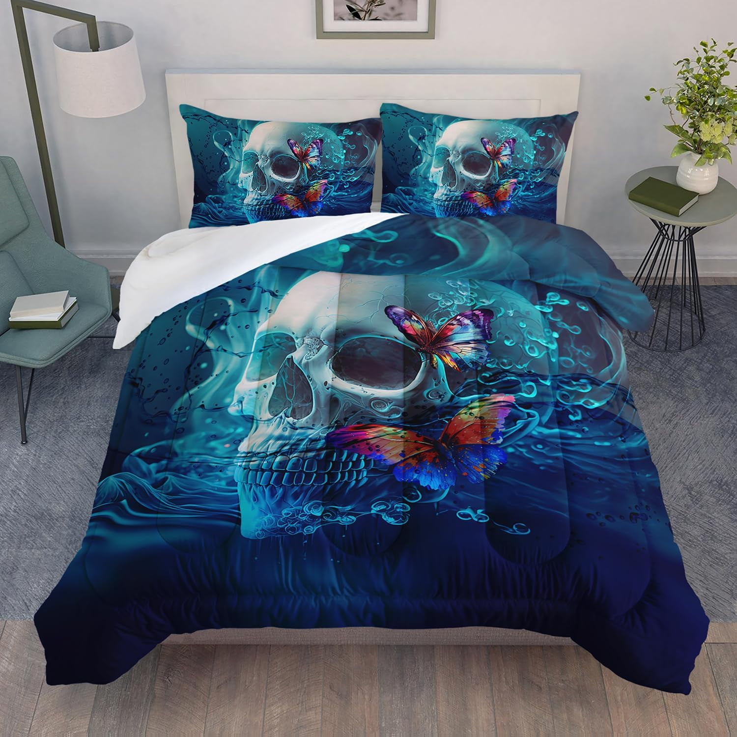 3D Blue Water Splashes Skull Comforter Set Full Size, Lightweight Duvet ...
