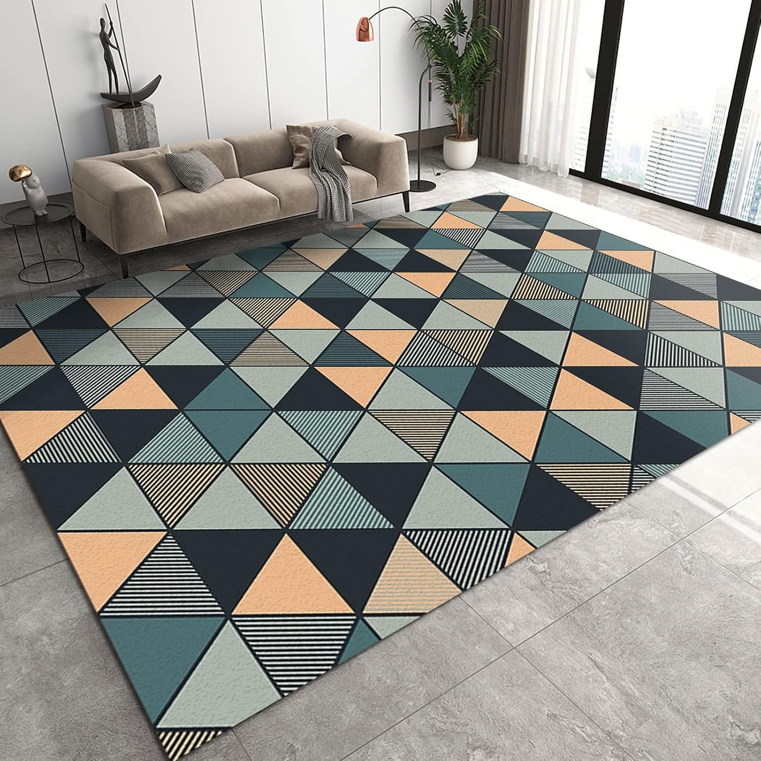 3D Boho Retro Art Area Rugs, Black Line Yellow Green Geometric Triangle ...