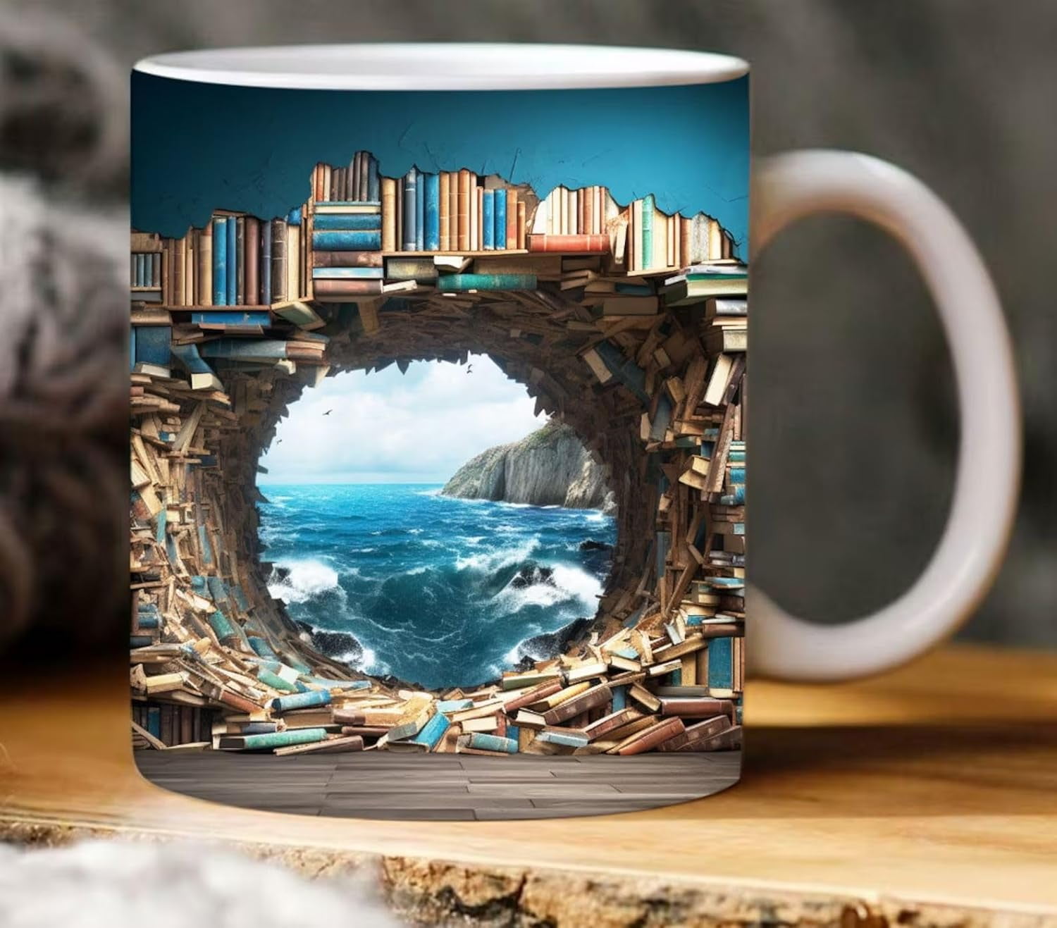 3D Bookshelf Mug - 11oz 3D Bookshelves Hole In A Wall Mug, Library ...
