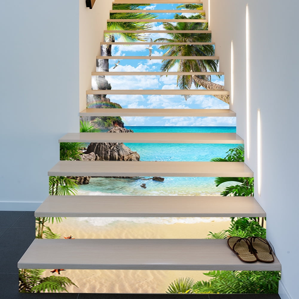 3D Brick Staircase Stickers - Beach Coconut Tree Removable Peel and ...