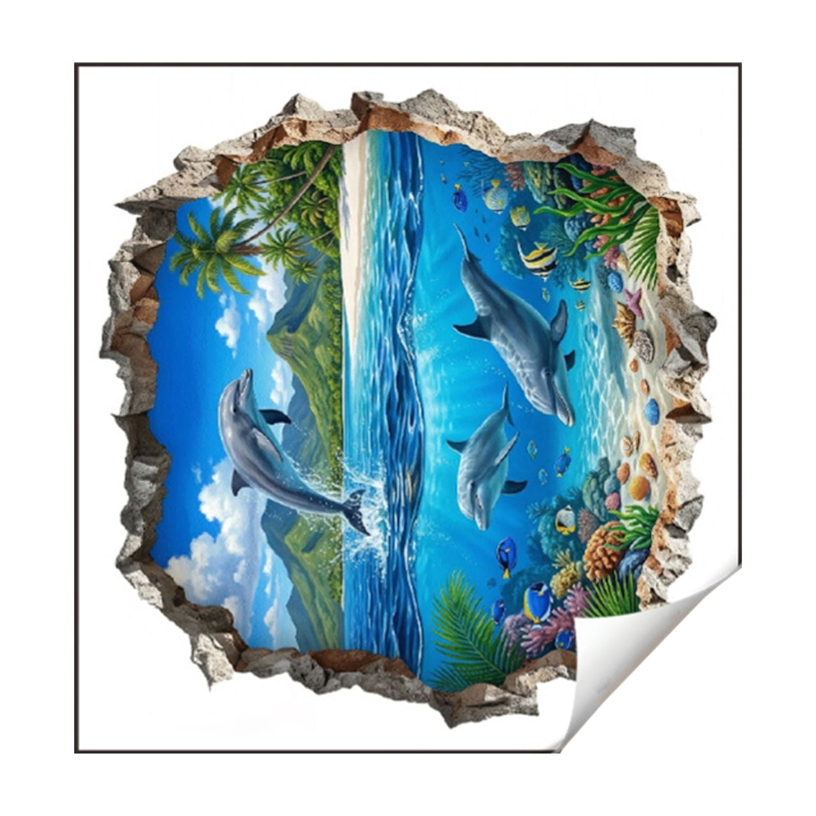 3D Broken Wall Dolphin Ocean Underwater Wall Decal Tropical Seascape ...