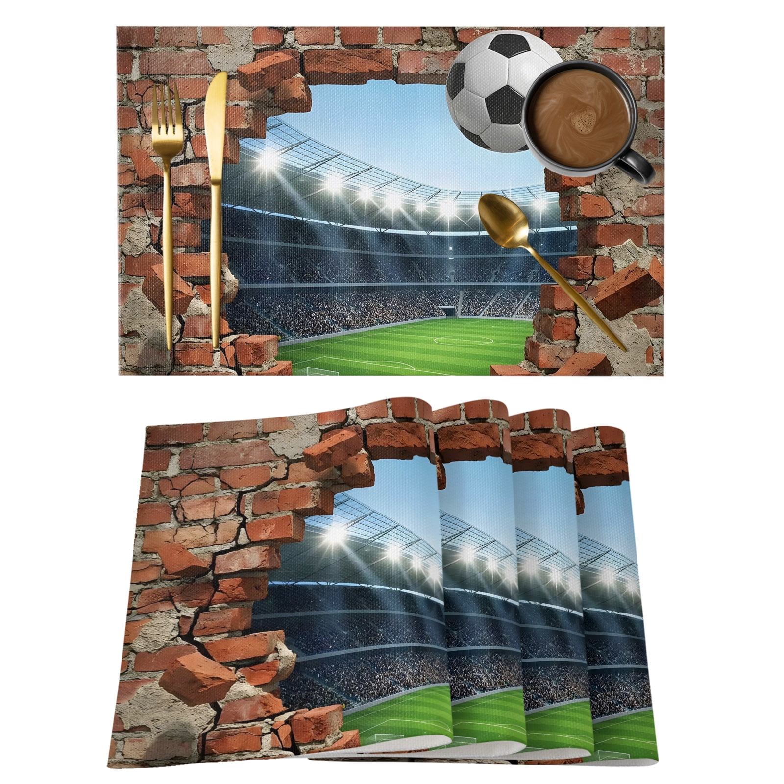 3D Broken Wall Football Placemats Set of 6 Soccer Field Vintage Place ...