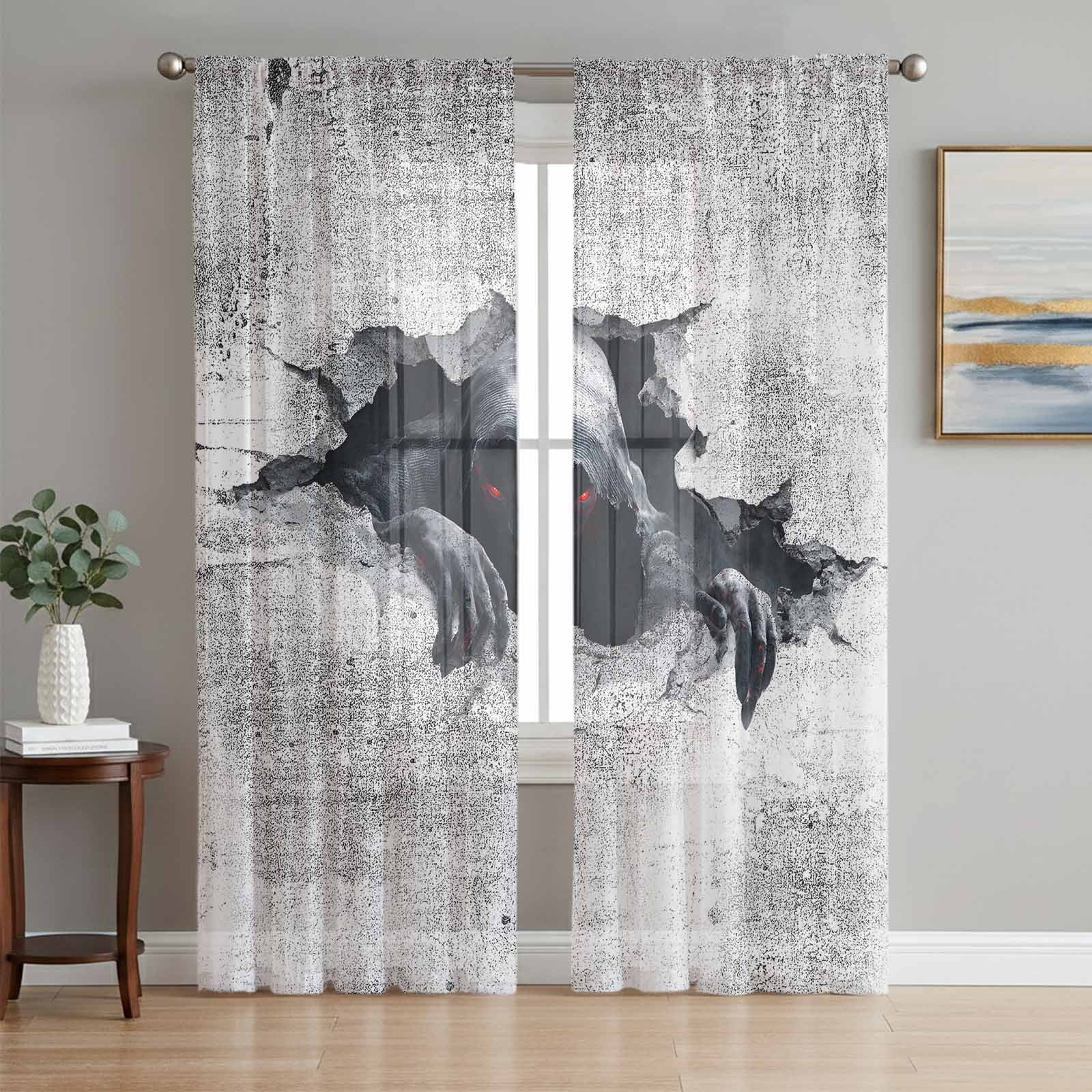 3D Broken Wall Sheer Curtains for Living Room Bedroom Black Grey Dark ...